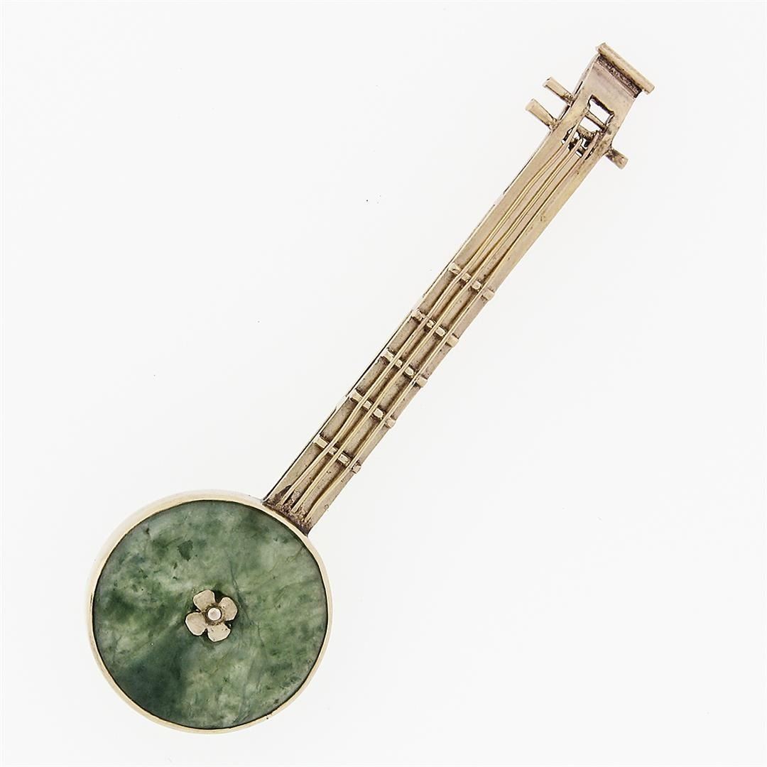 Antique 14k Yellow Gold 16.3mm Round Circle Marbled Green Jade Banjo ...