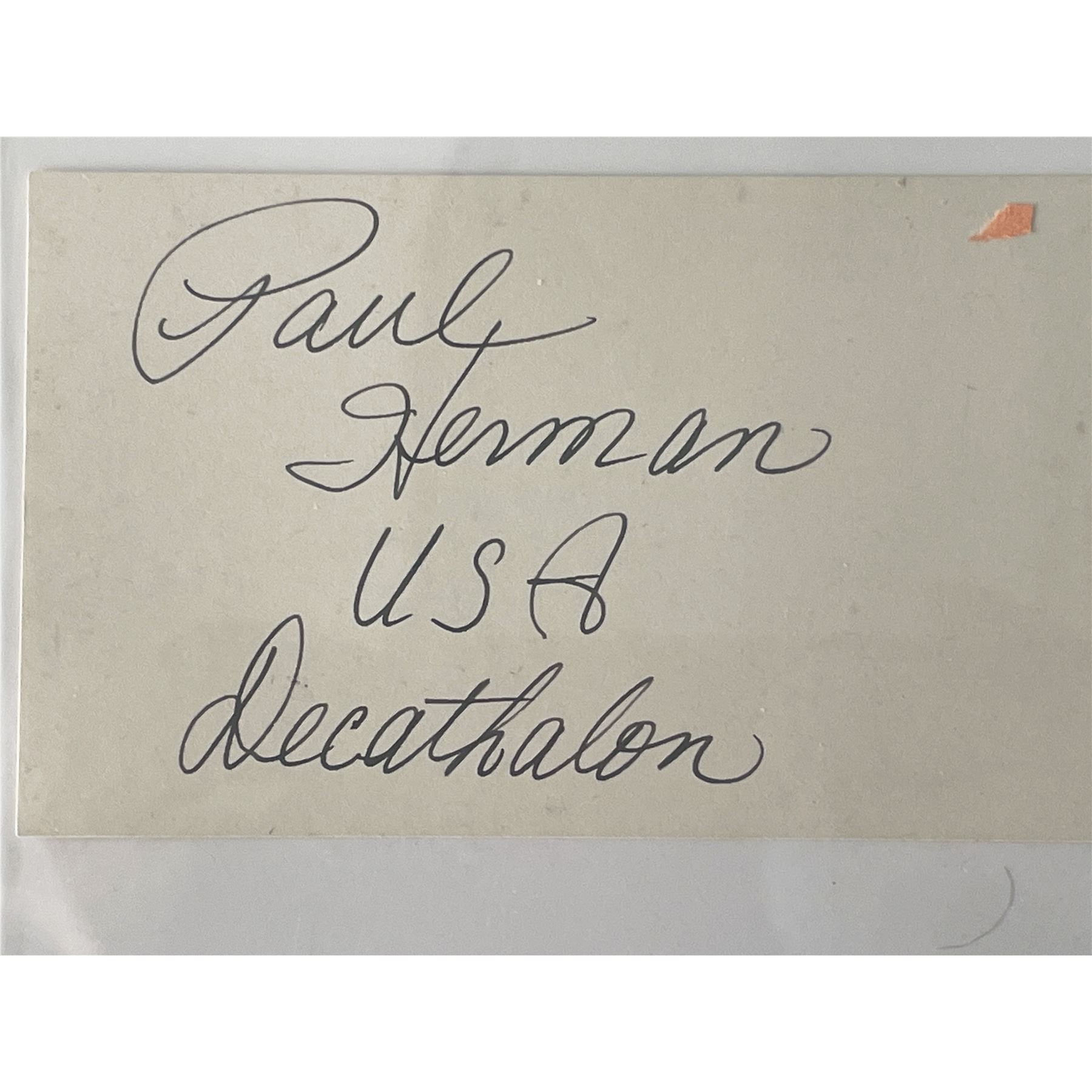 Olympic athlete Paul Herman autograph note