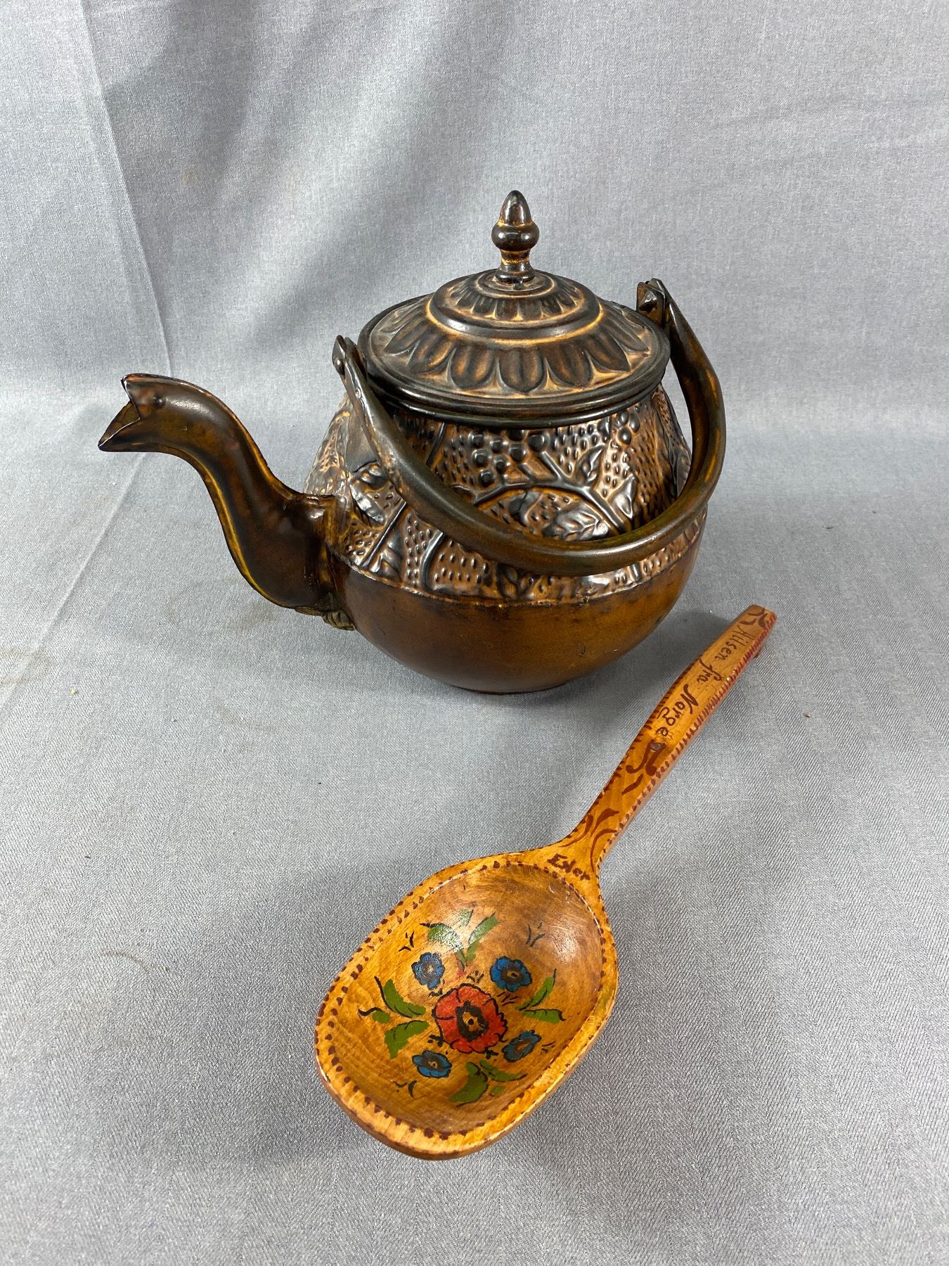 Antique Farmhouse Metal Kettle/Teapot & Decorative Norway Wood Spoon