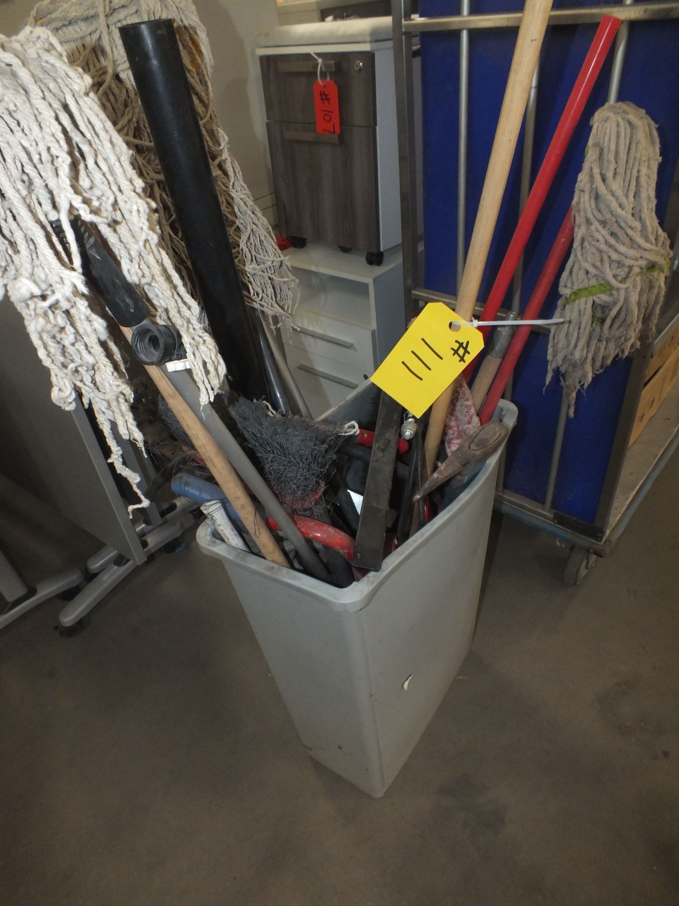 Wooden Suggestion Box & Bin Full Of Mops / Brooms