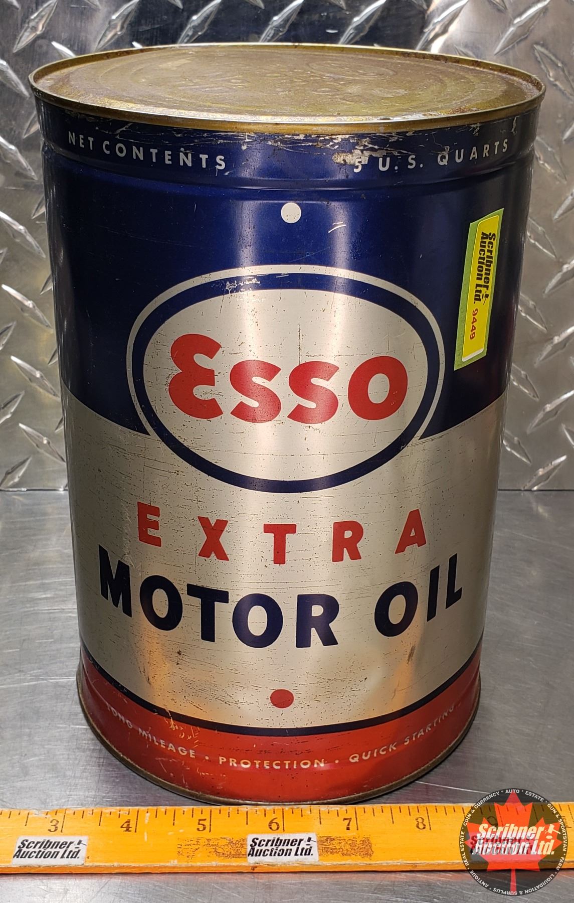 OIL TIN : ESSO Extra Motor Oil (9-1/2"H x 6-1/2"Dia) (SEE PICS!)