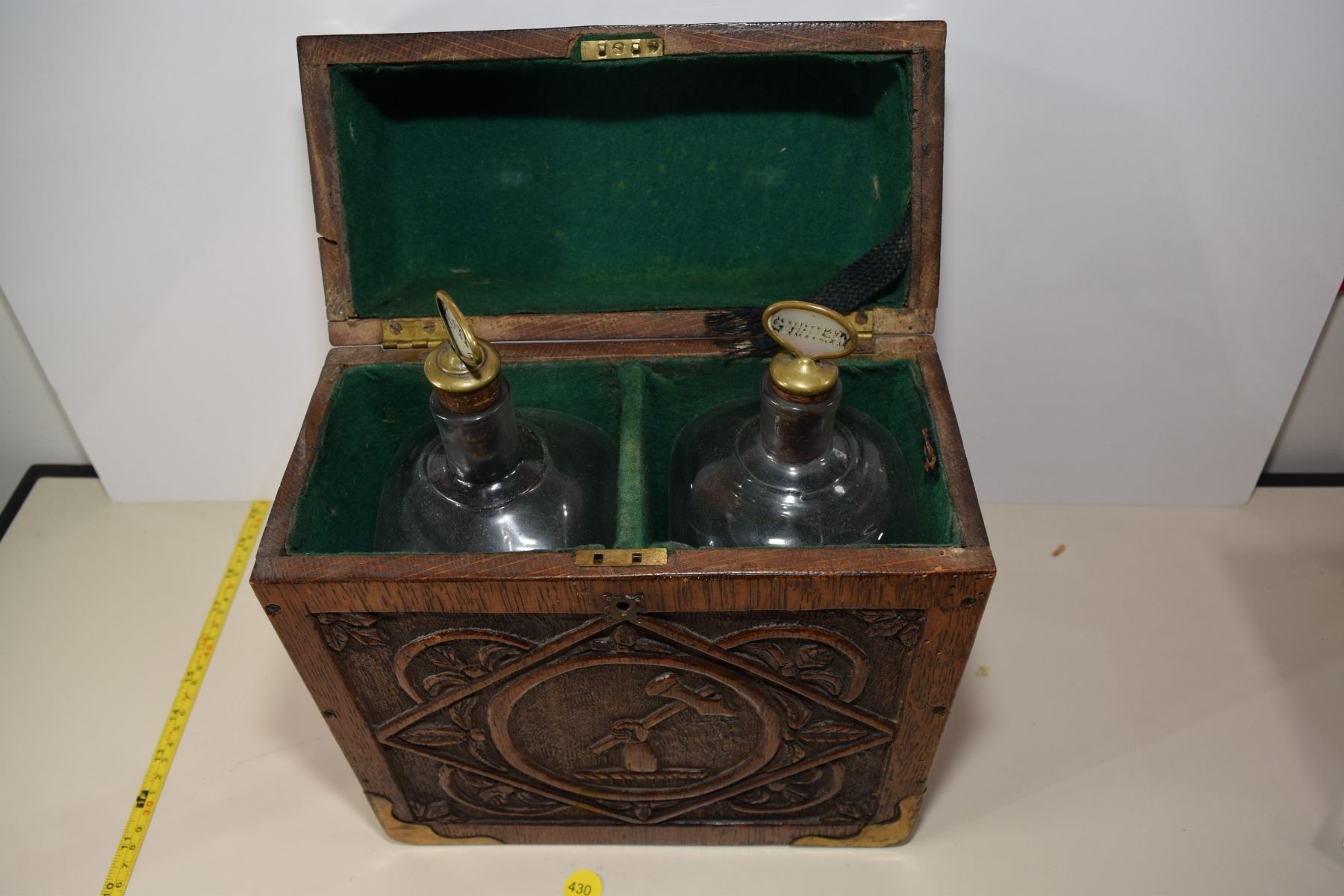 Antique hand blown liquor bottles- carved oak case/bras - Schmalz Auctions