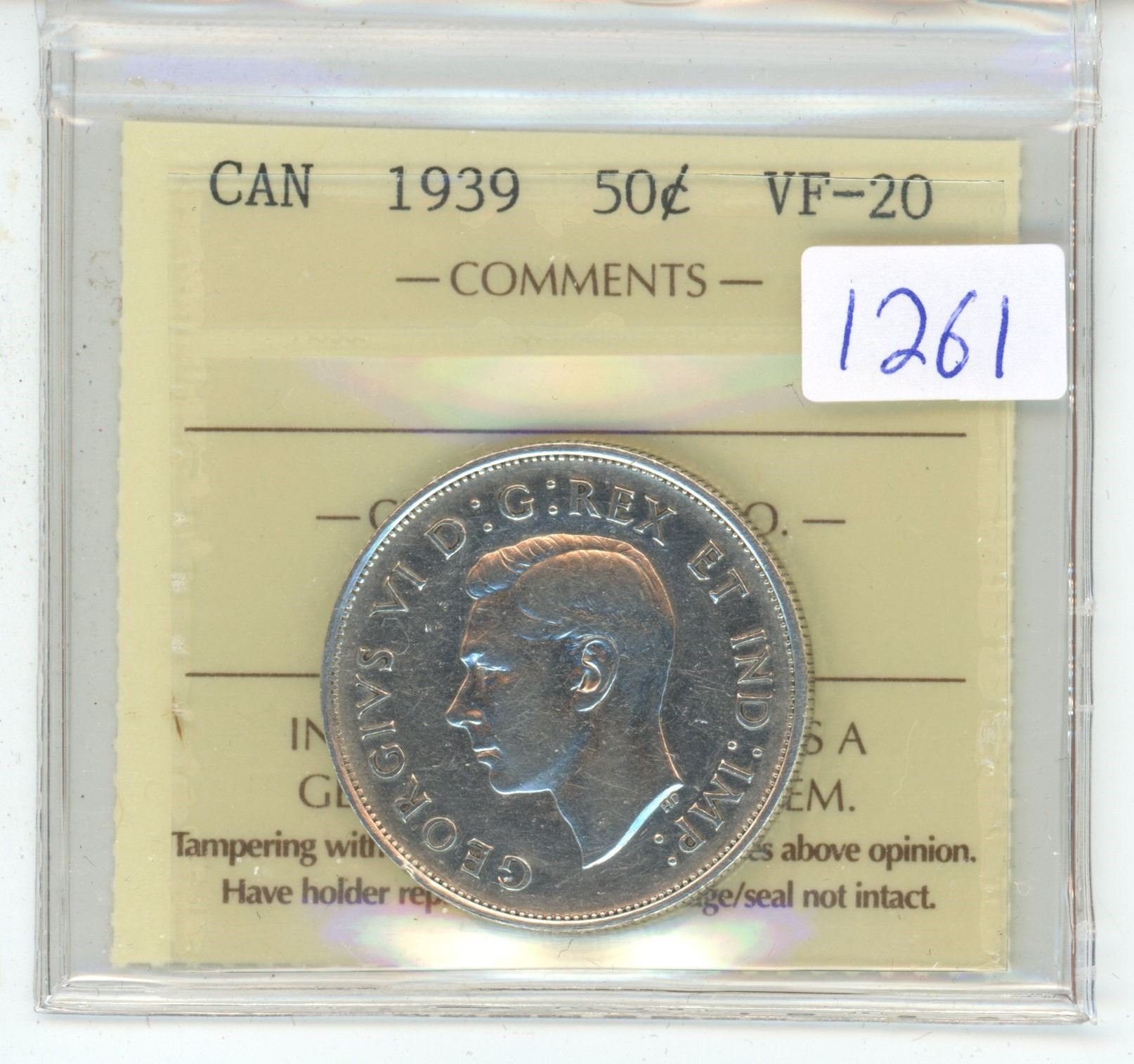 1939 ICCS graded, Canadian silver 50 cent coin - VF20 - Schmalz Auctions