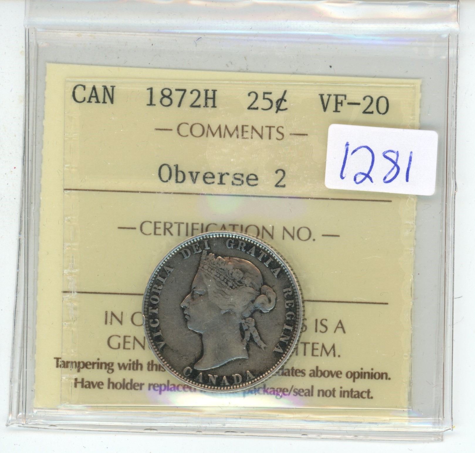 1872H, ICCS graded, Canadian silver 25 cent coin - VF20 - Schmalz Auctions