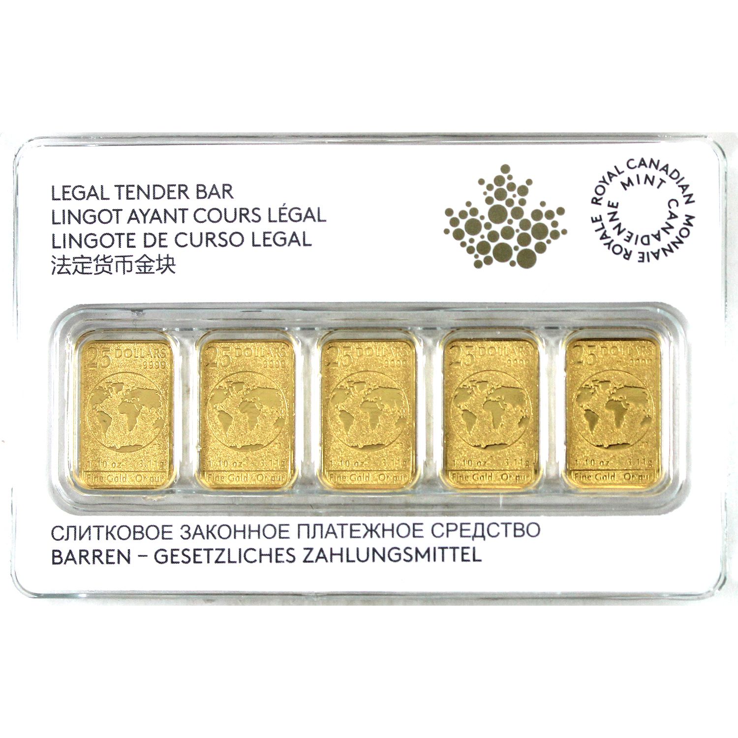 5x 2018 Canada 1/10oz $25 Legal Tender .9999 Fine Gold World Bars in ...
