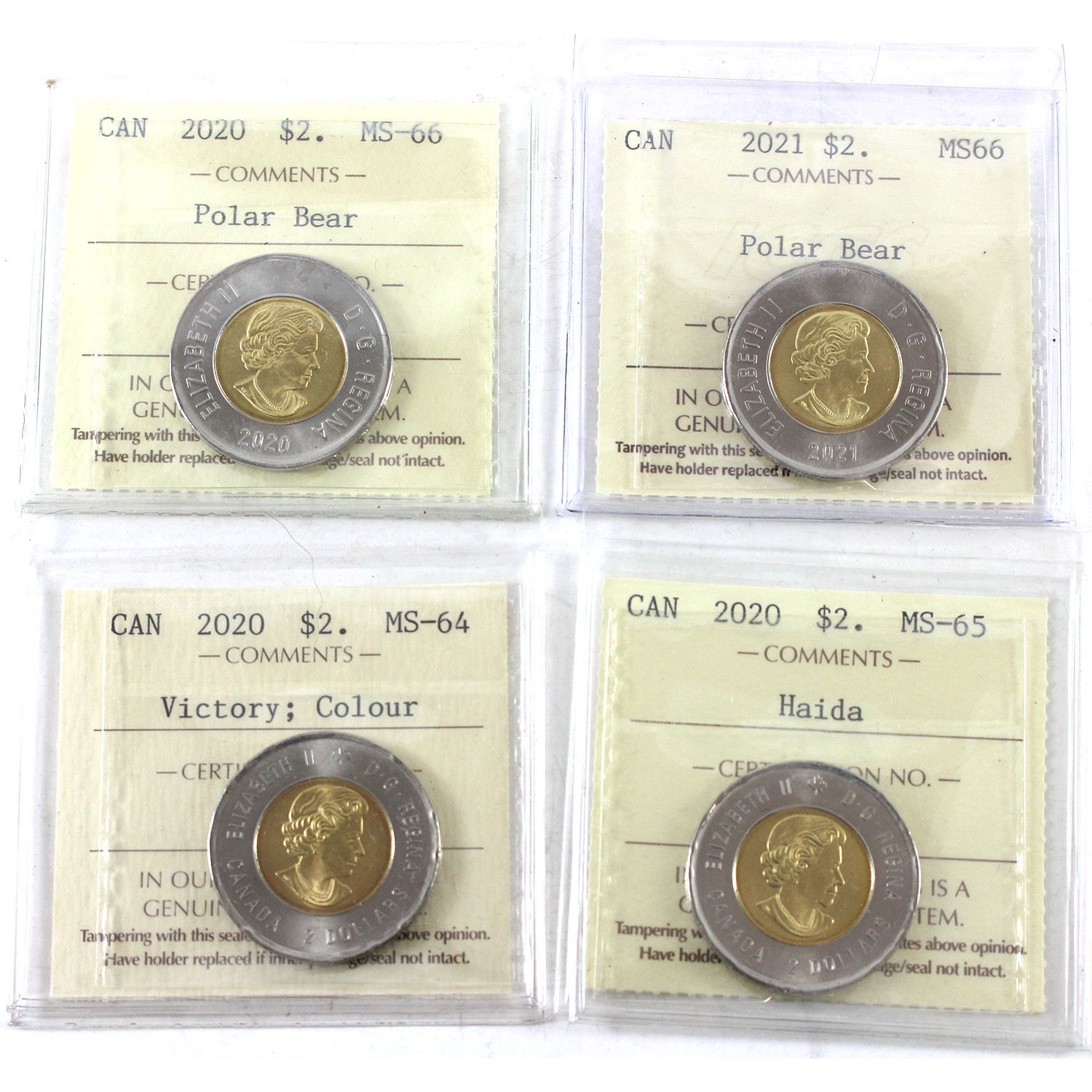 $2 2020 Polar Bear MS66, Haida MS65, Victory Colour MS64 & 2021 Polar ...