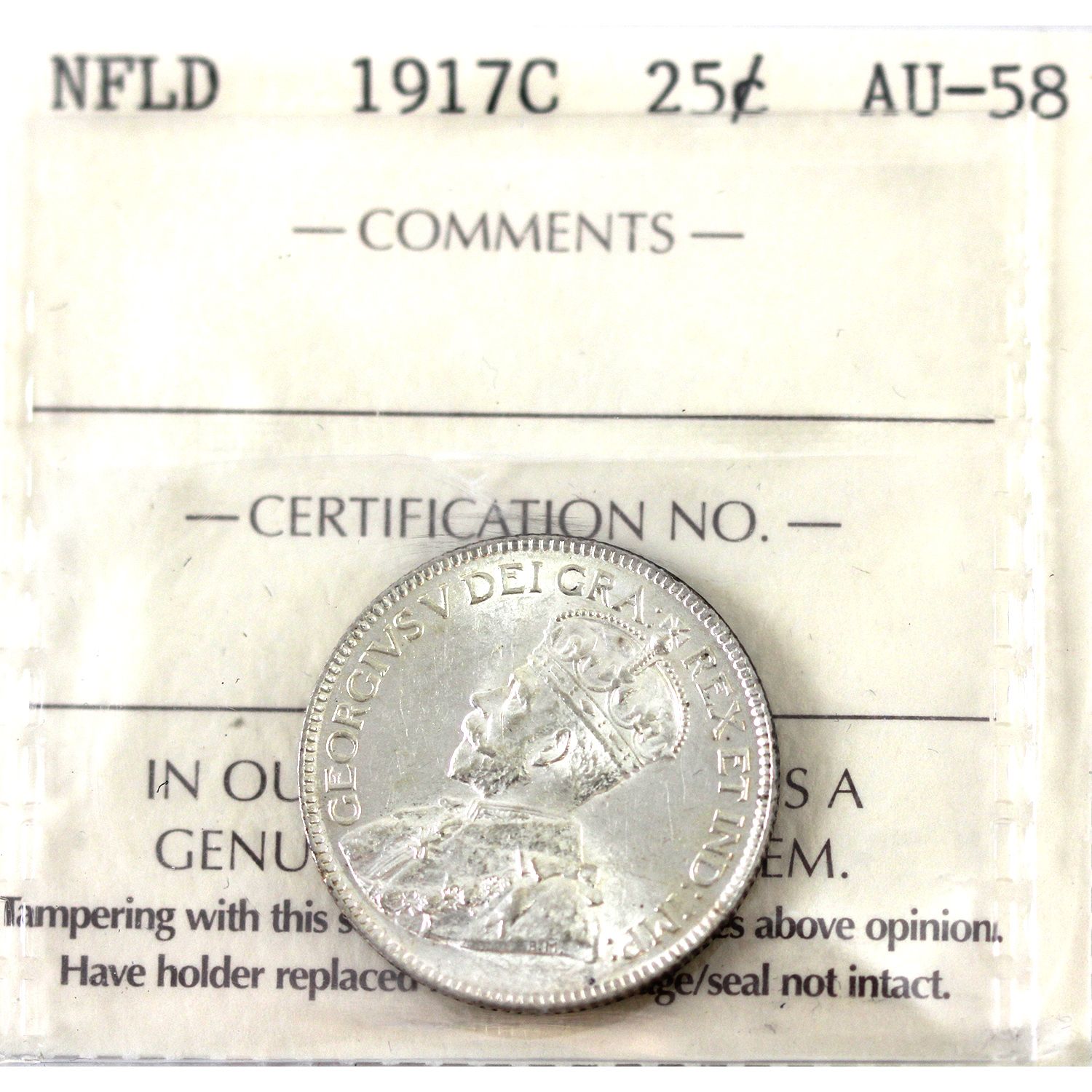 Newfoundland 25-cent 1917C ICCS AU58