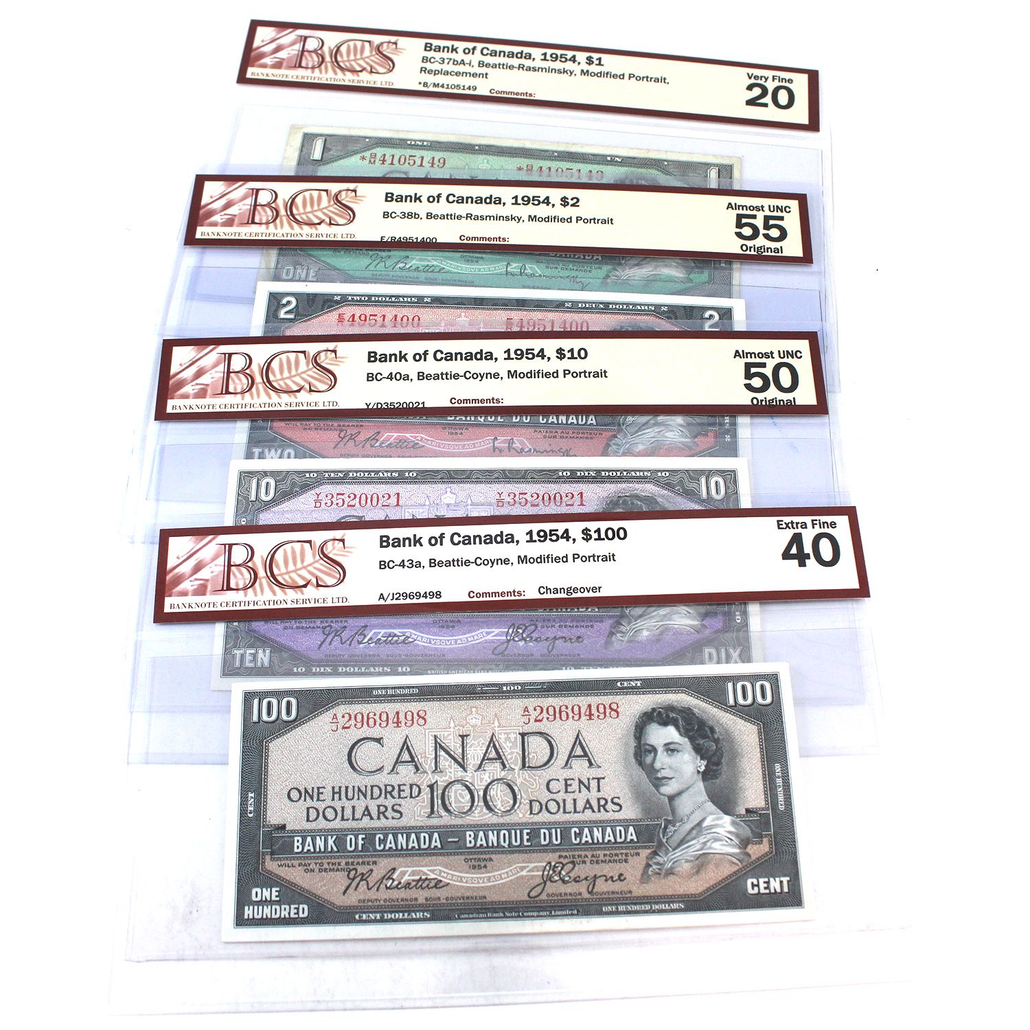 1954 $1, $2, $10, & $100 BCS VF20 to AU55 Modified Portrait Notes. 4pcs.
