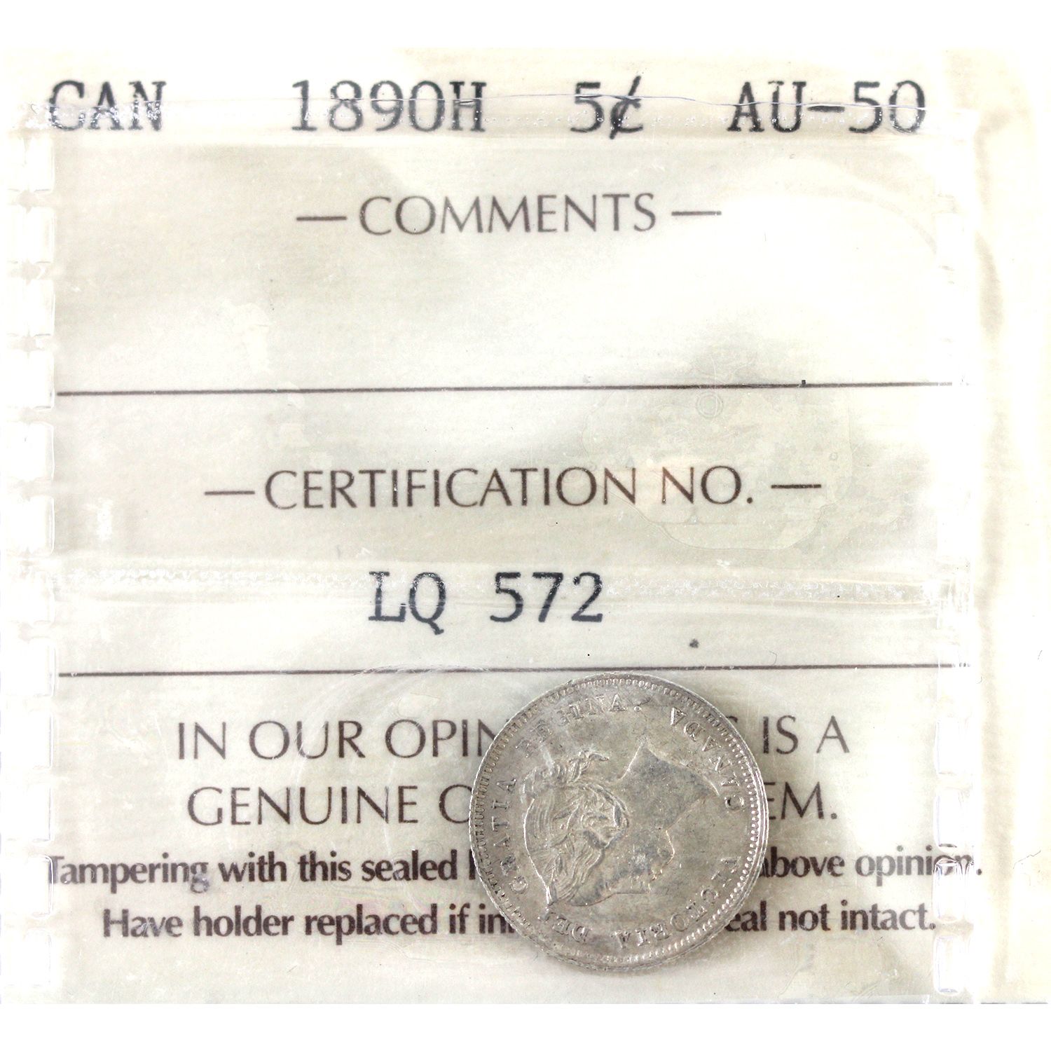 5-cent 1890H ICCS AU50. In Vintage 2-Letter Holder