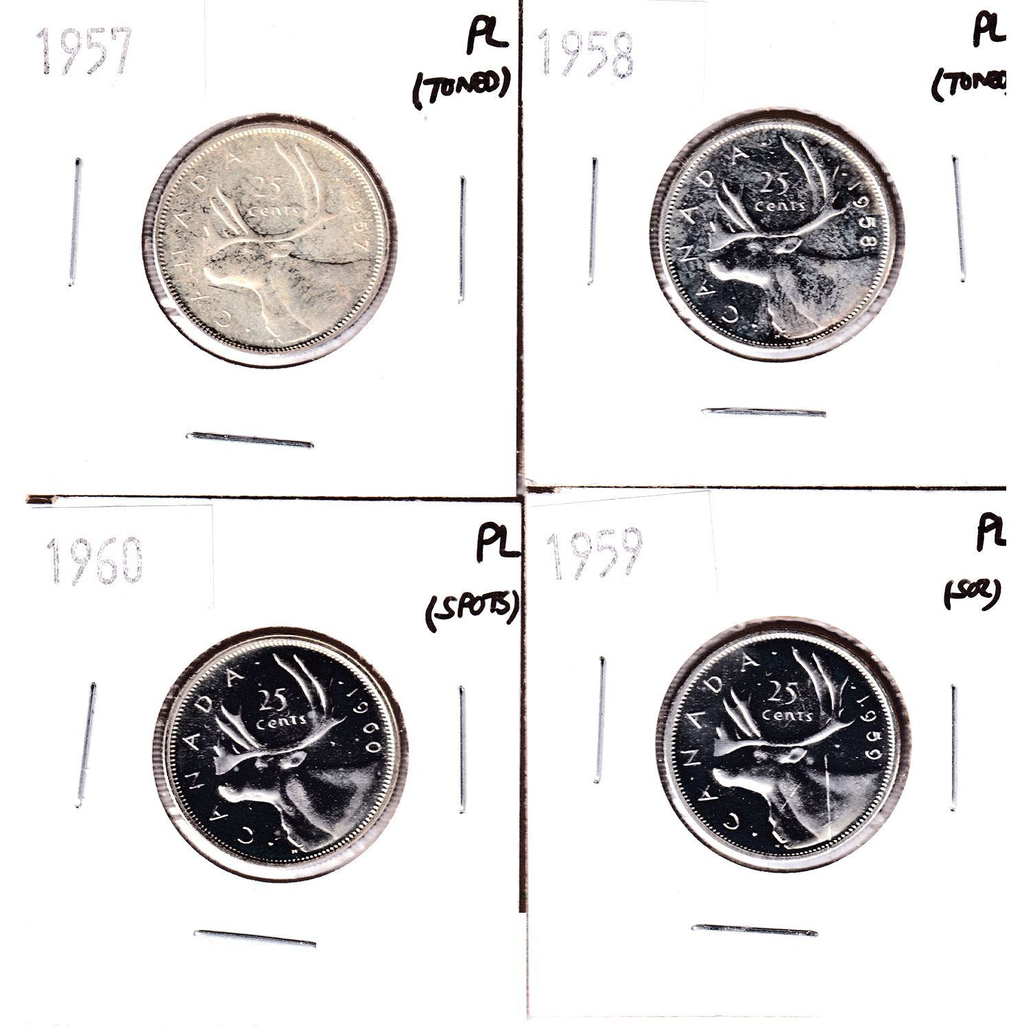 25-cent 1957 & 1958 PL (toned), 1959 PL (scratched) & 1960 PL (spots). 4pcs.