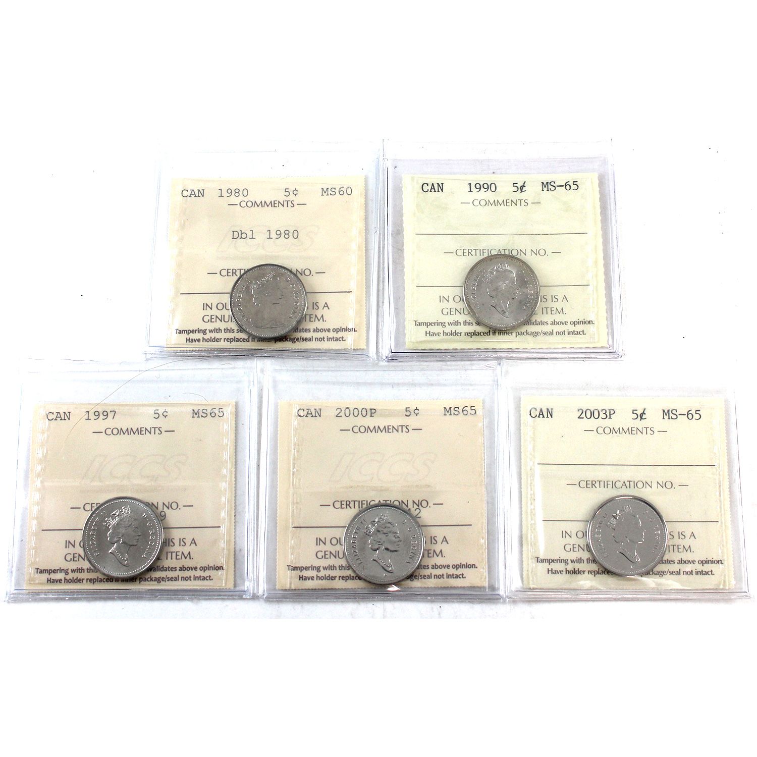 5-cent 1980 Dbl 1980 MS60, 1990, 1997, 2000P & 2003P MS65 All ICCS. 5pcs.