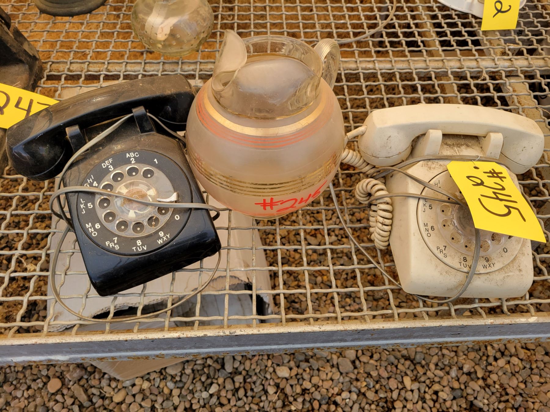 2 old rotary phones, antique pitcher