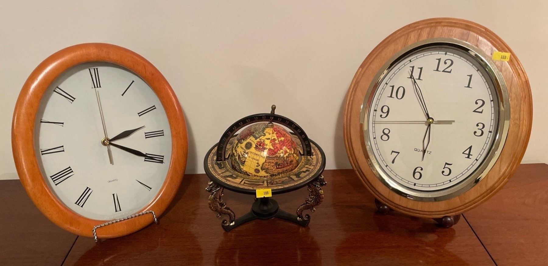 Assorted Collection of Inside Decor 2 Quartz Clocks & Vintage Old World Globe Zodiac Metal Frame ...