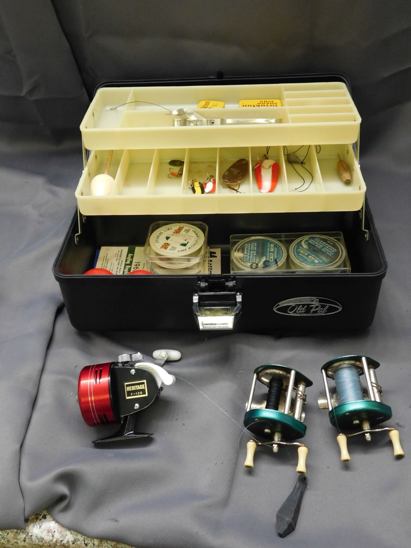 Vintage Old Pal Tackle Box with Assorted Tackle, Reels, Heritage F120 ...