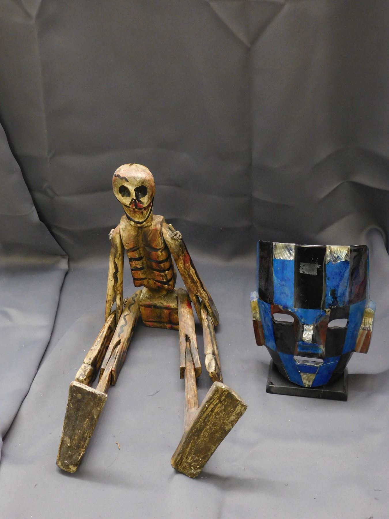 Abalone Shell Mask and Jointed Wooden Skeleton Folk Art