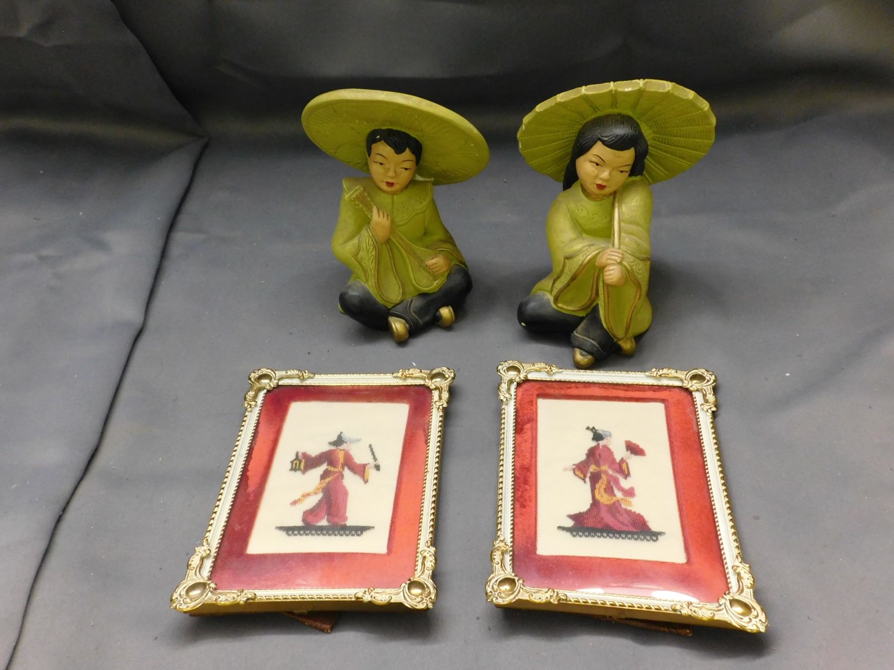Lot of 4 Chalkware Asian Girl & Boy with Umbrellas and Needlepoint ...