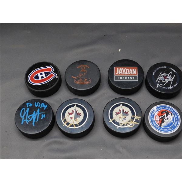 Lot of 8 Pucks with 5 Signed Hockey Pucks Winnipeg Jets, Etc