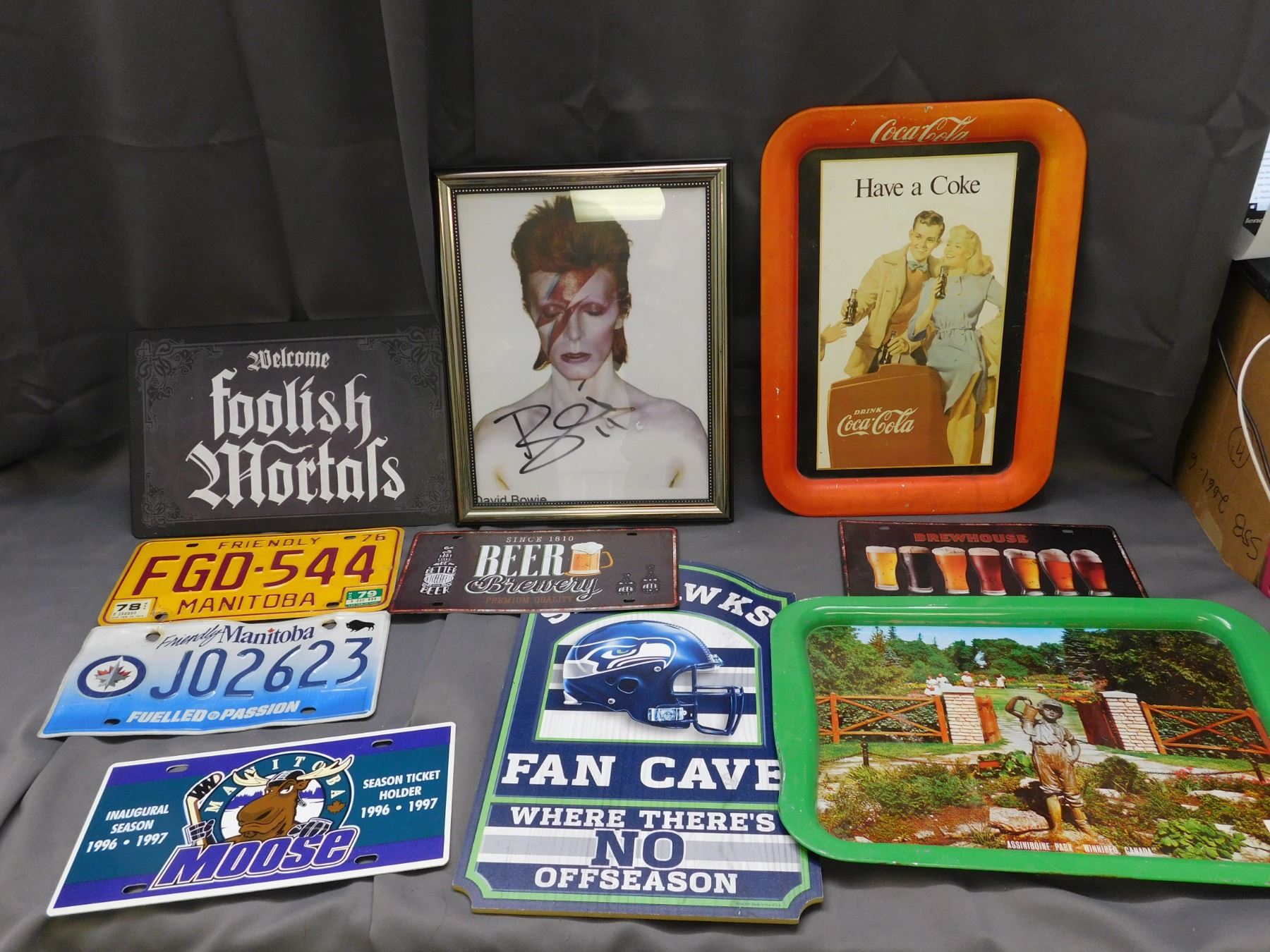 Lot of 10 Tin Signs, Trays, Man Cave Decor, David Bowie, Coke, Beer ...