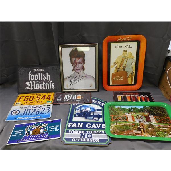 Lot of 10 Tin Signs, Trays, Man Cave Decor, David Bowie, Coke, Beer ...