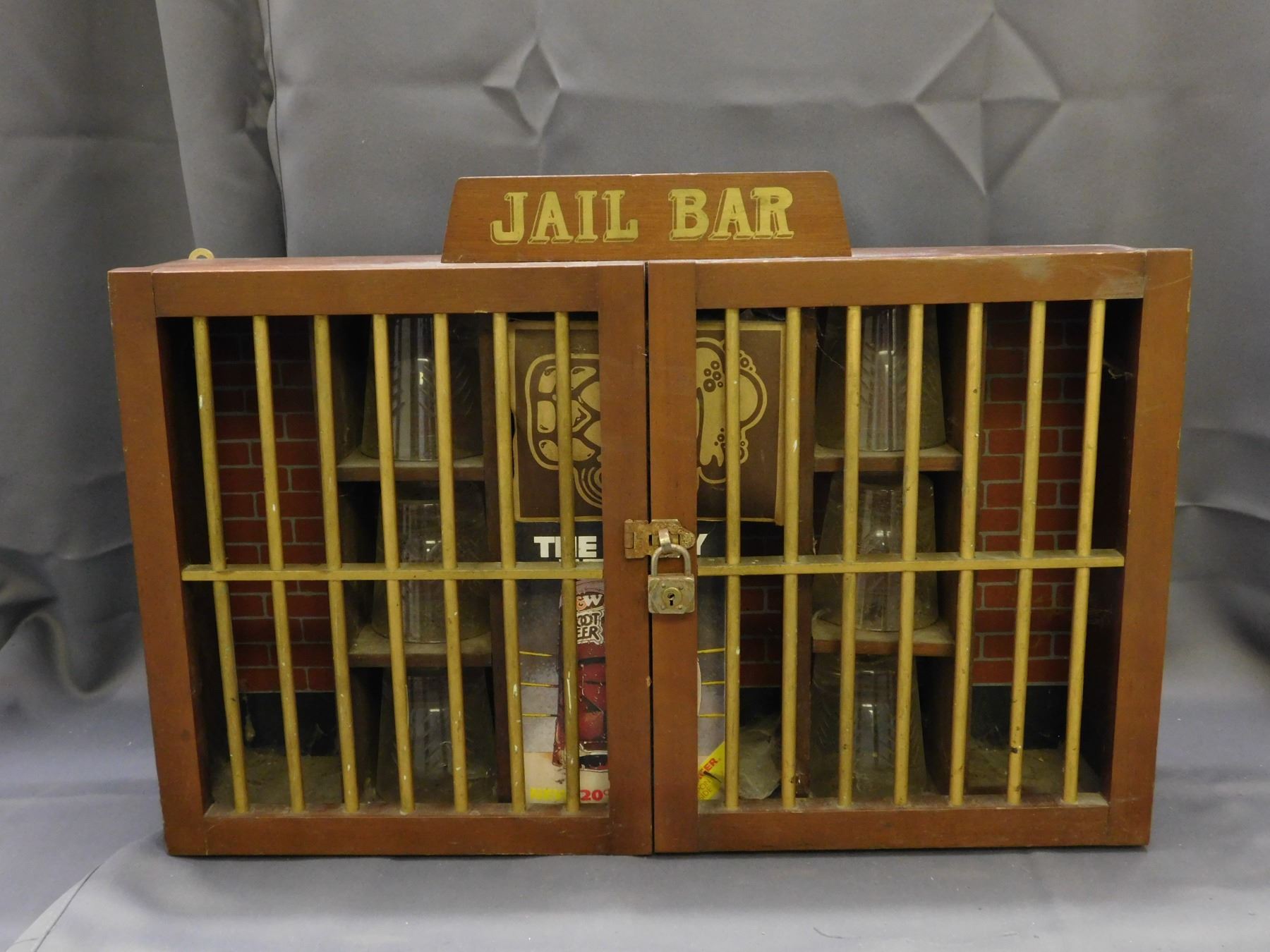 Vintage Jail Bar Set w 6 Glasses, Coasters, A&W Mug