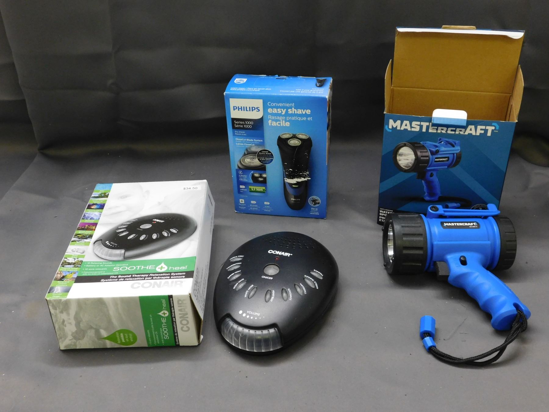 Lot of 3 Mastercraft Waterproof Flashlight, Conair 2014 Sound Therapy ...