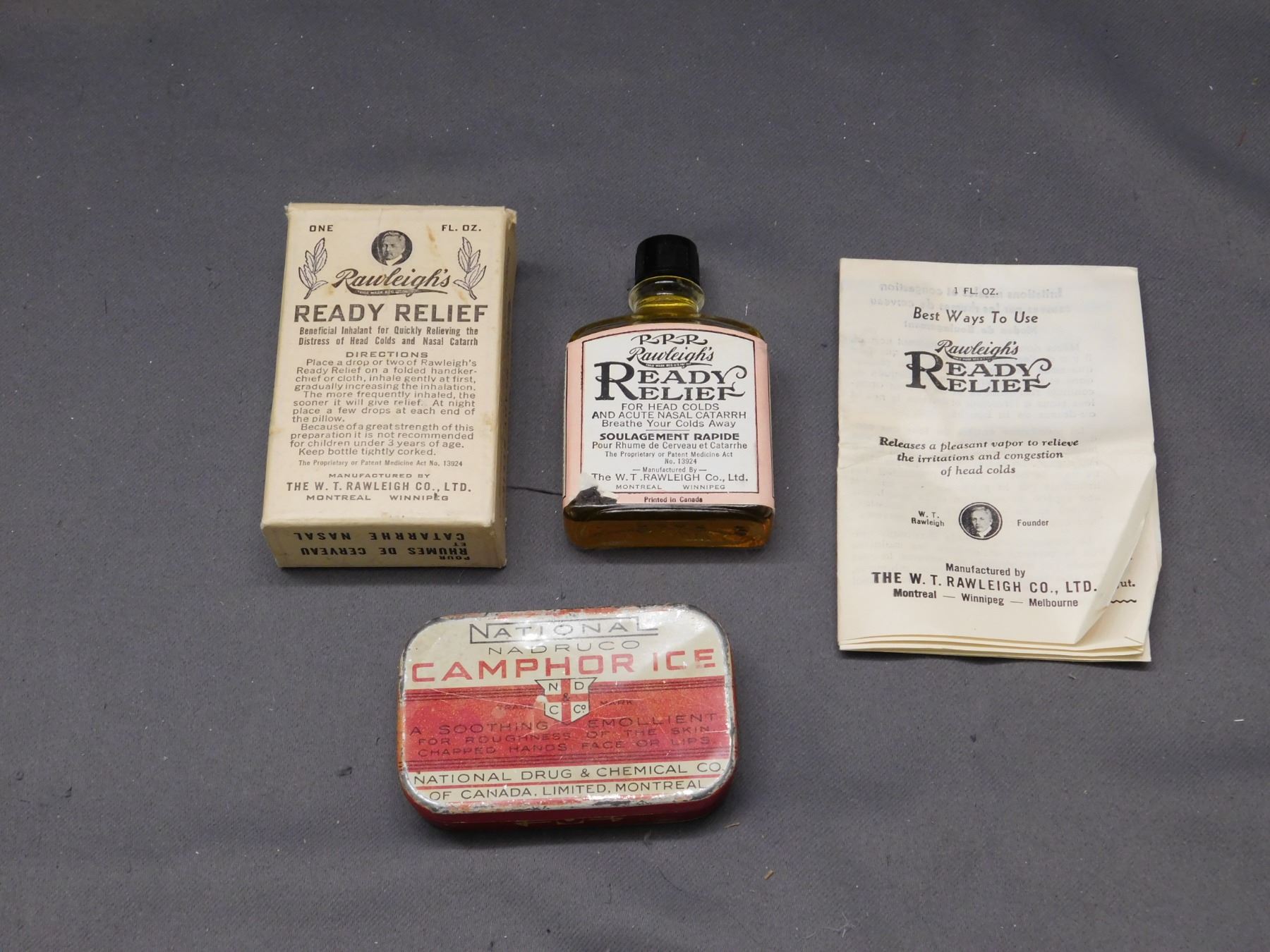 Apothecary Antique Ready Relief Bottle, Box and Camphor Ice Nadruco