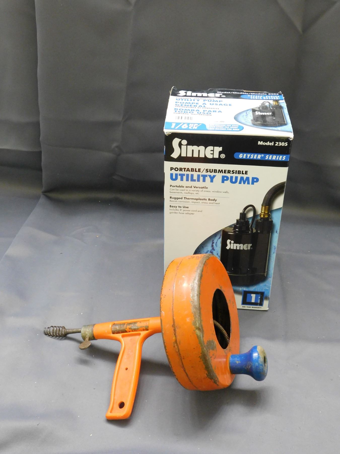 Lot of Drain Snake and Utility Pump 1/6 Horsepower Sub Pump