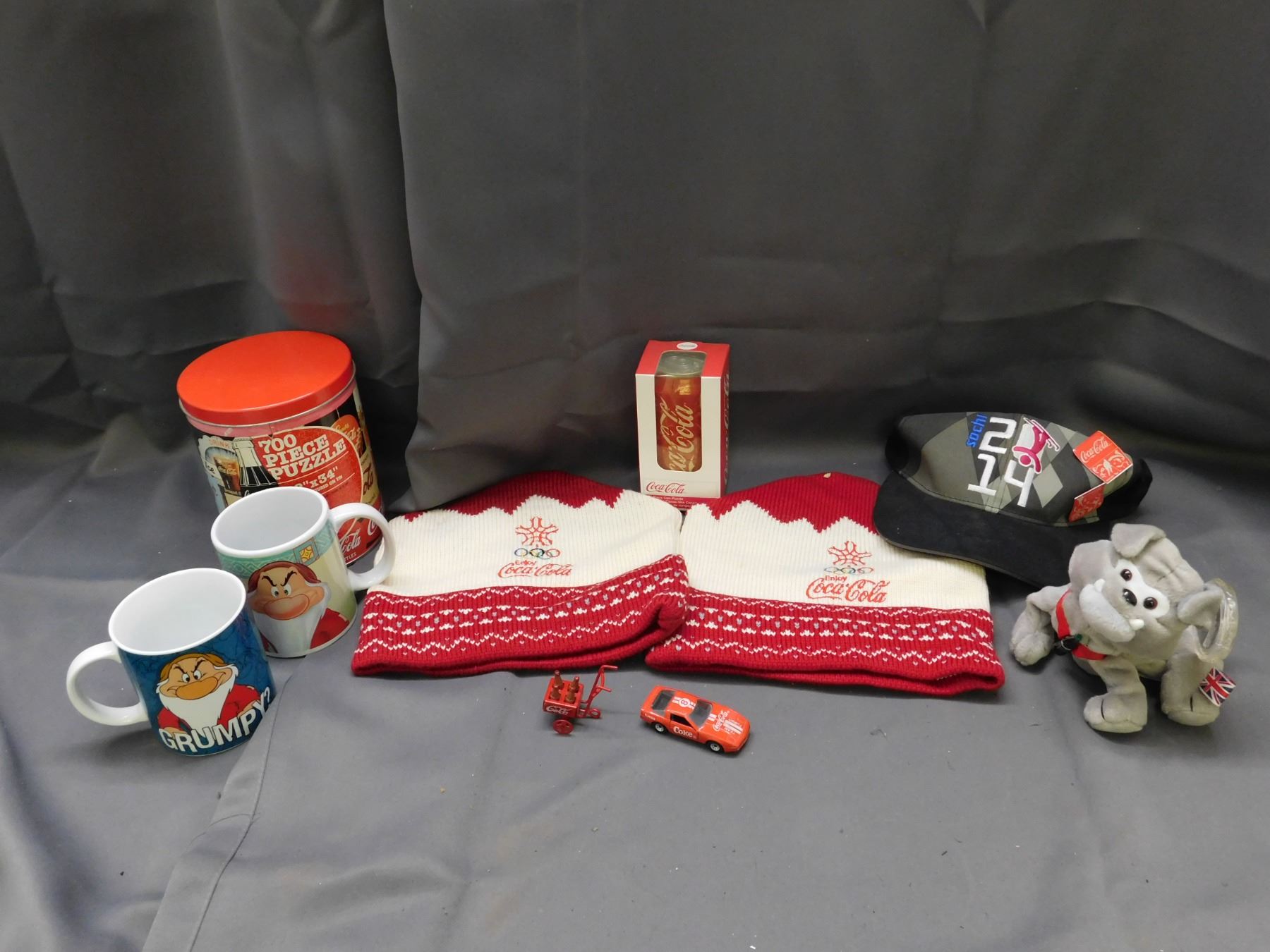 Lot of Coca Cola Collectibles Knit Hats, Puzzle Can, Puzzle Tin ...