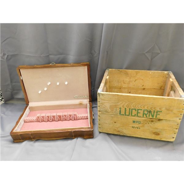 Lot of 2 Vintage Milk Crate Lucerne wpg 12/61 and Wooden Cutlery Box
