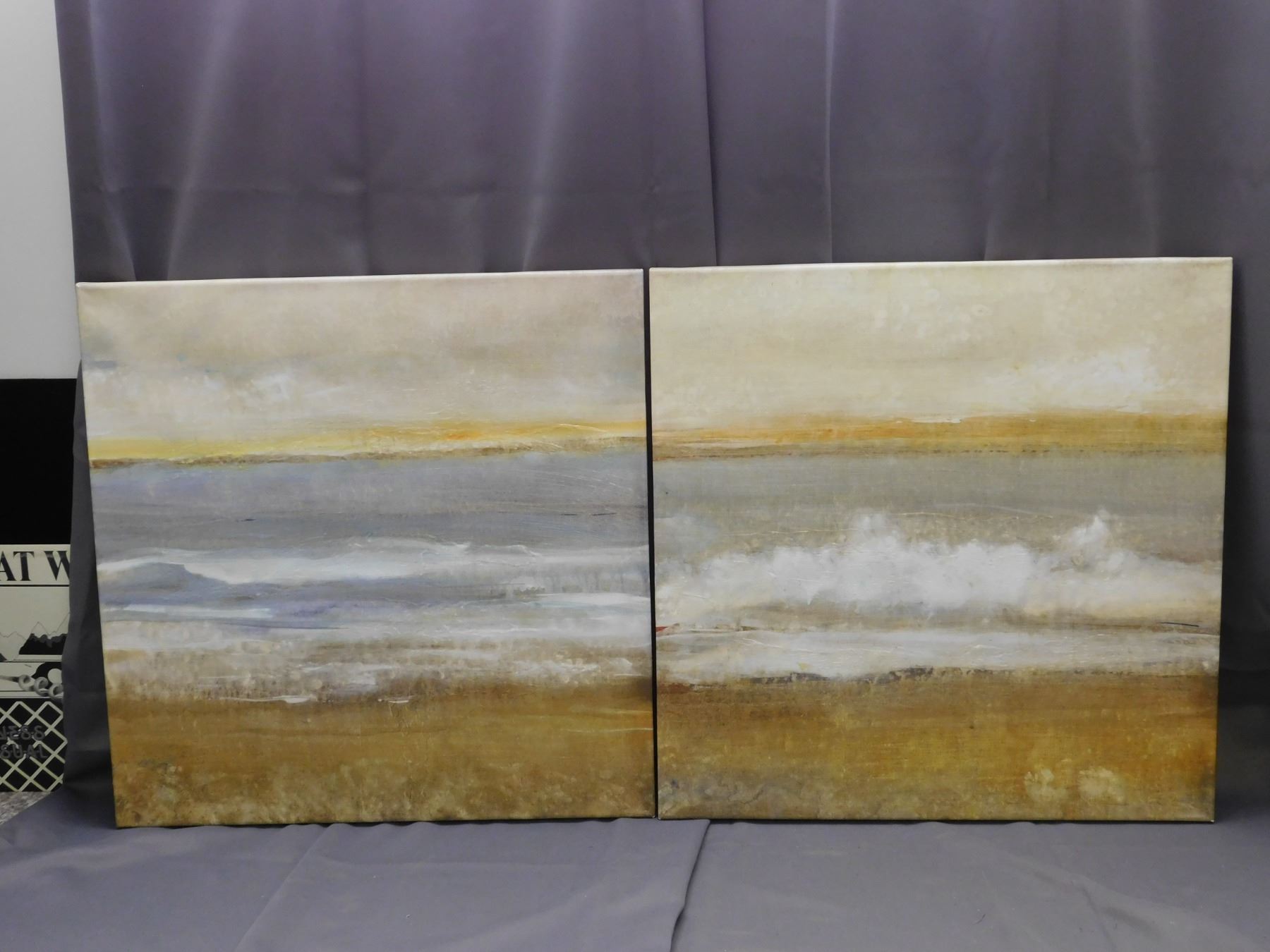 Pair of Abstract Canvas Prints Beiges and Yellow Tone Modern Wall Art
