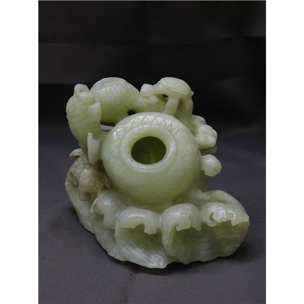 Carved Jade Waves, Koi Fish & Turtles Jar