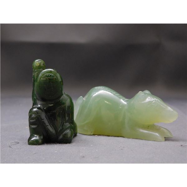 Lot of 2 Jade Carvings Inuit Man and Small Animal