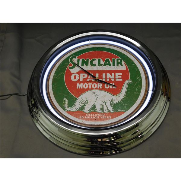 Sinclair Opaline Motor Oil Neon Lighted Wall Clock Chrome Rim Retro