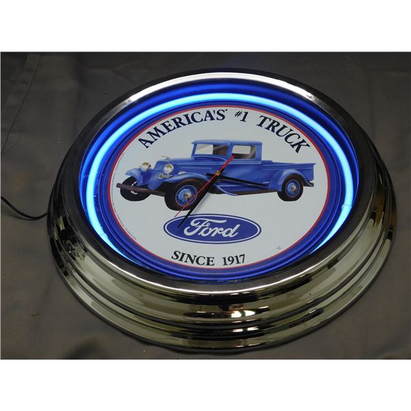 America's #1 Truck Ford Neon Lighted Wall Clock Chrome Rim Retro