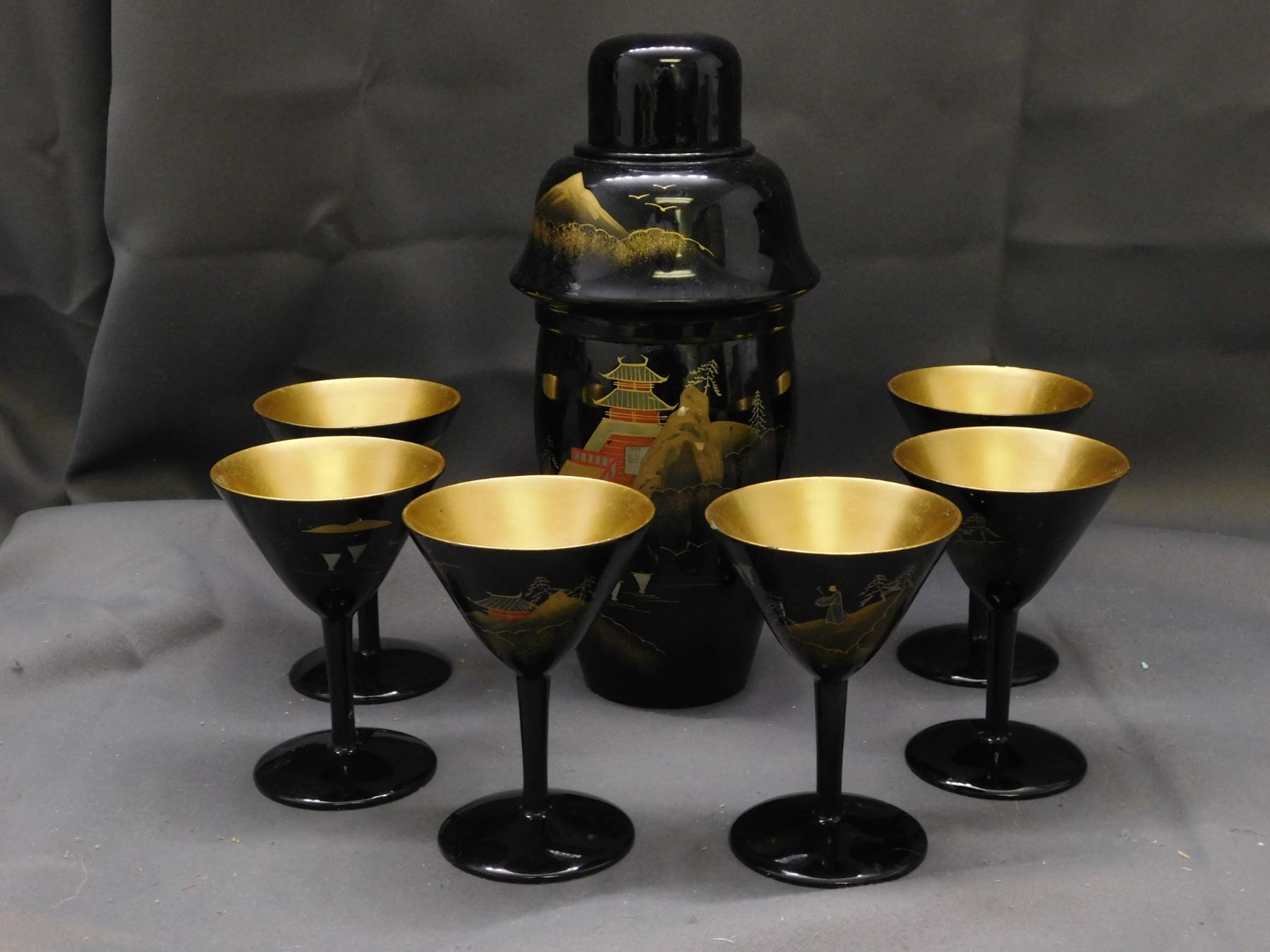 Wooden Cocktail Set Asian Painted Black Shellac 6 Martini Cups and 1 ...