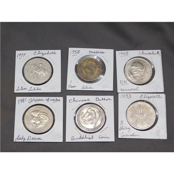 6 Large Vintage Coins Churchill, Lady Diana, Elizabeth