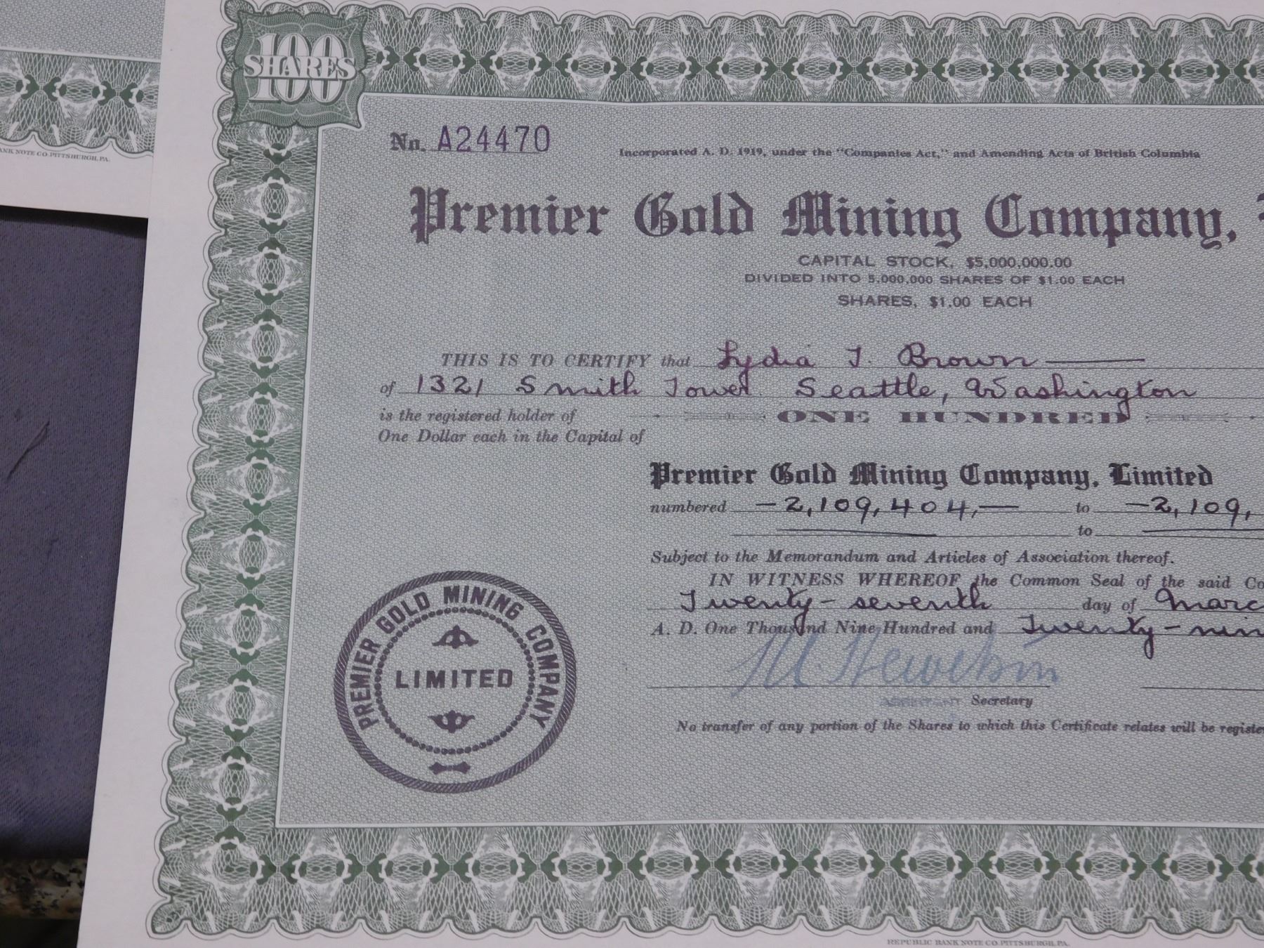 5pcs 1929 Premier Gold Mining Company 100 Shares