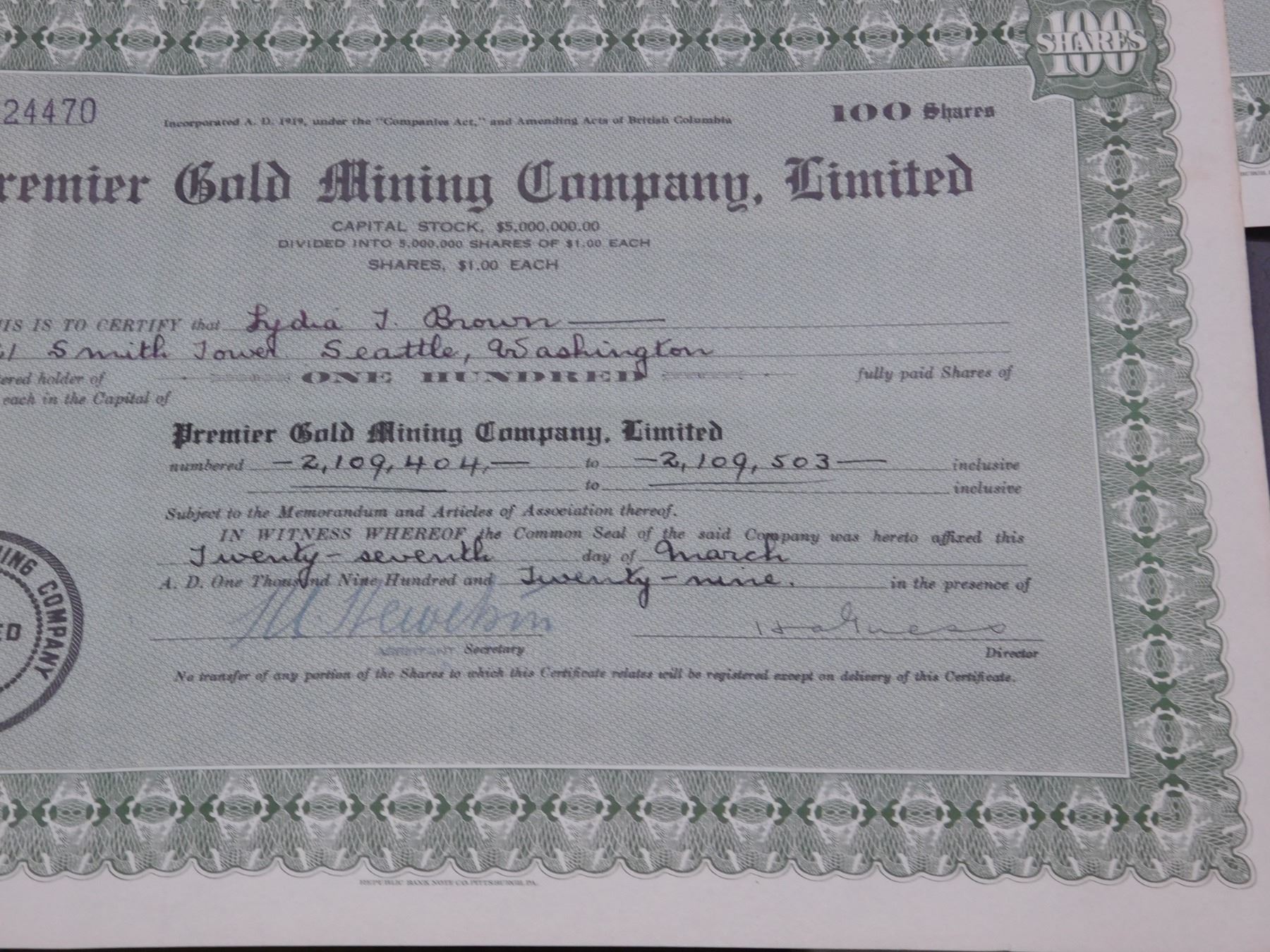 5pcs 1929 Premier Gold Mining Company 100 Shares