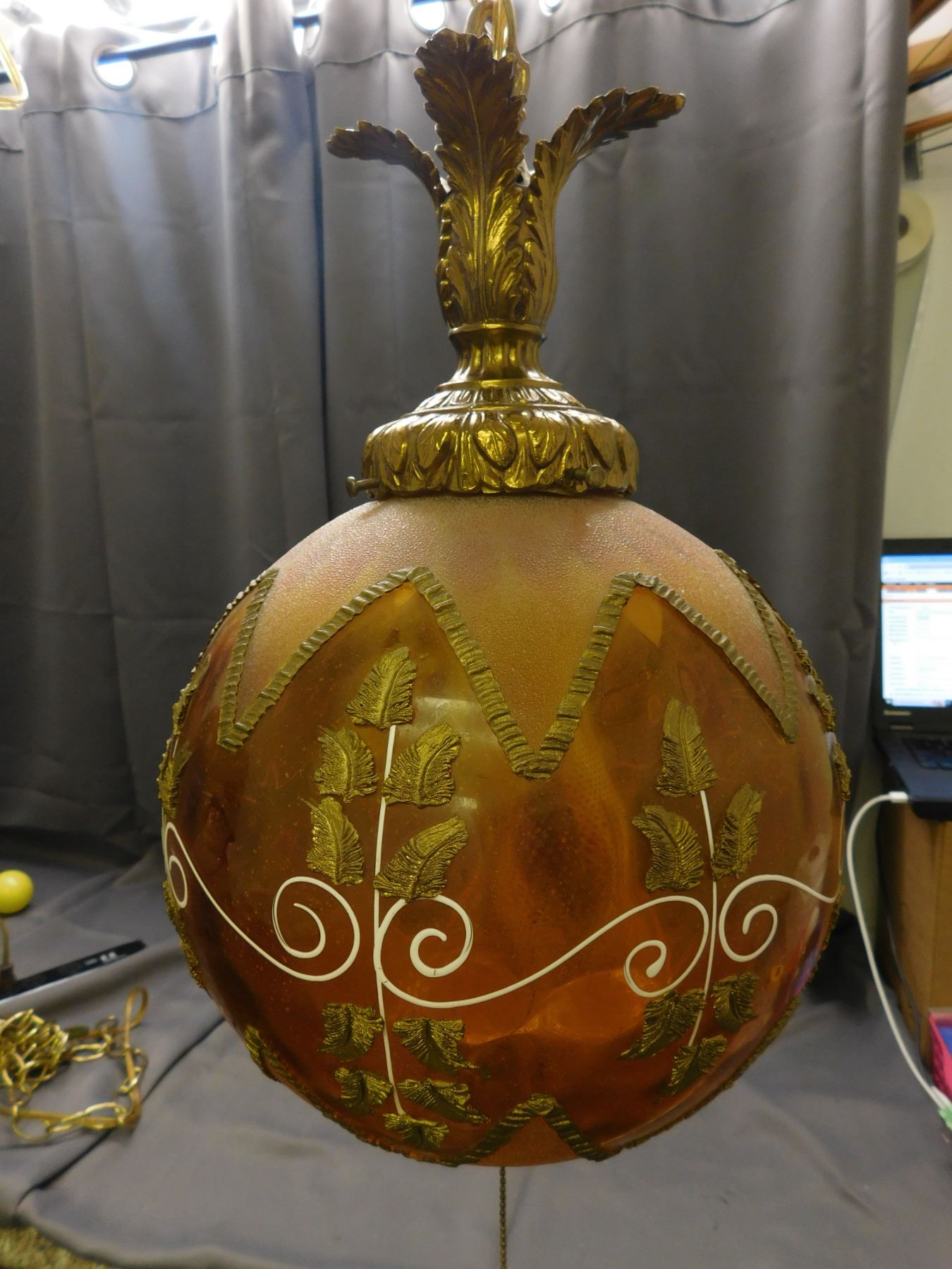 Swag Chain Lamp Mid Century Modern Orange Glass Globe with Ceramic Leaf ...