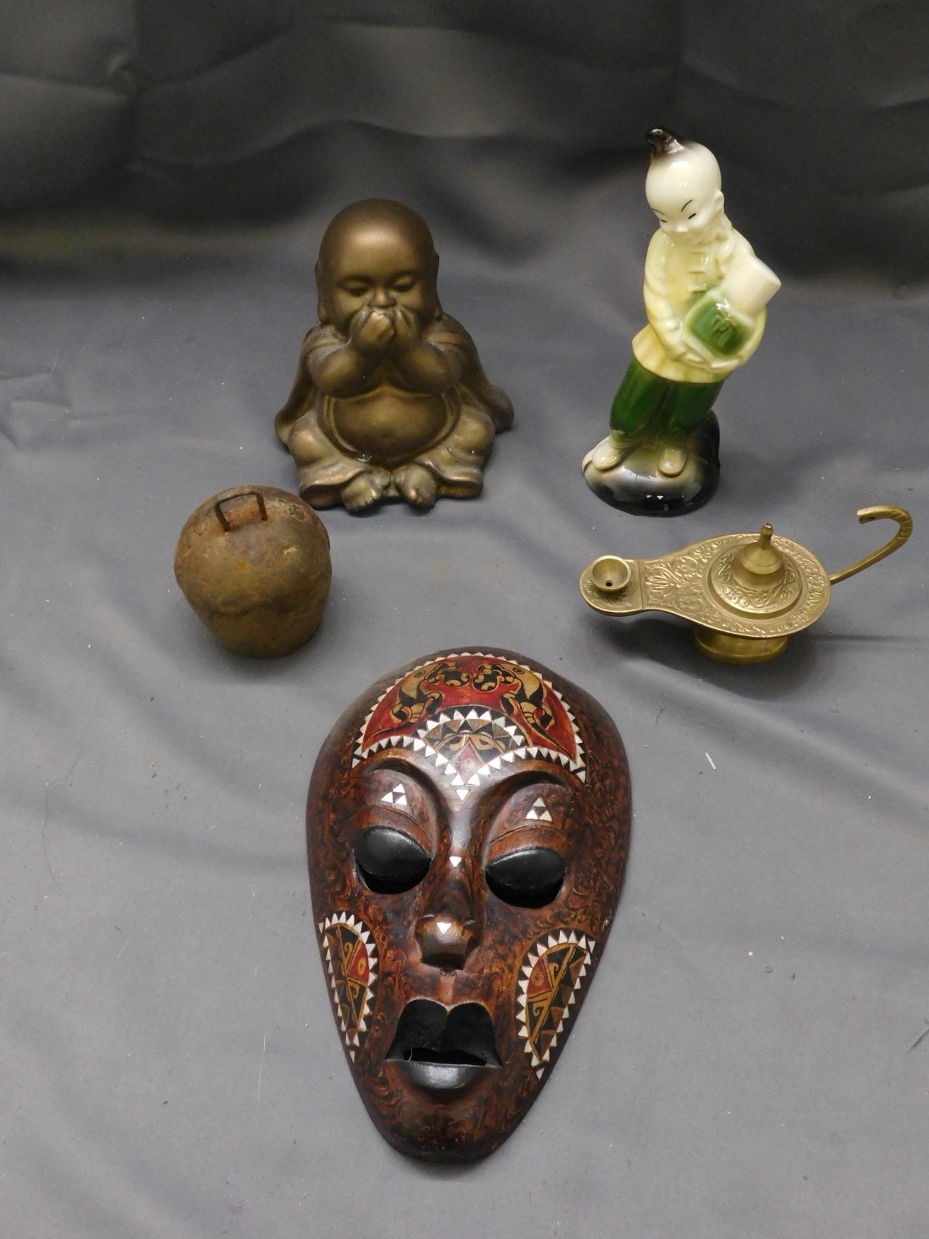 Lot of Assorted Brass Genie Pot, Asian Figurine, Buddha, Bell, African ...