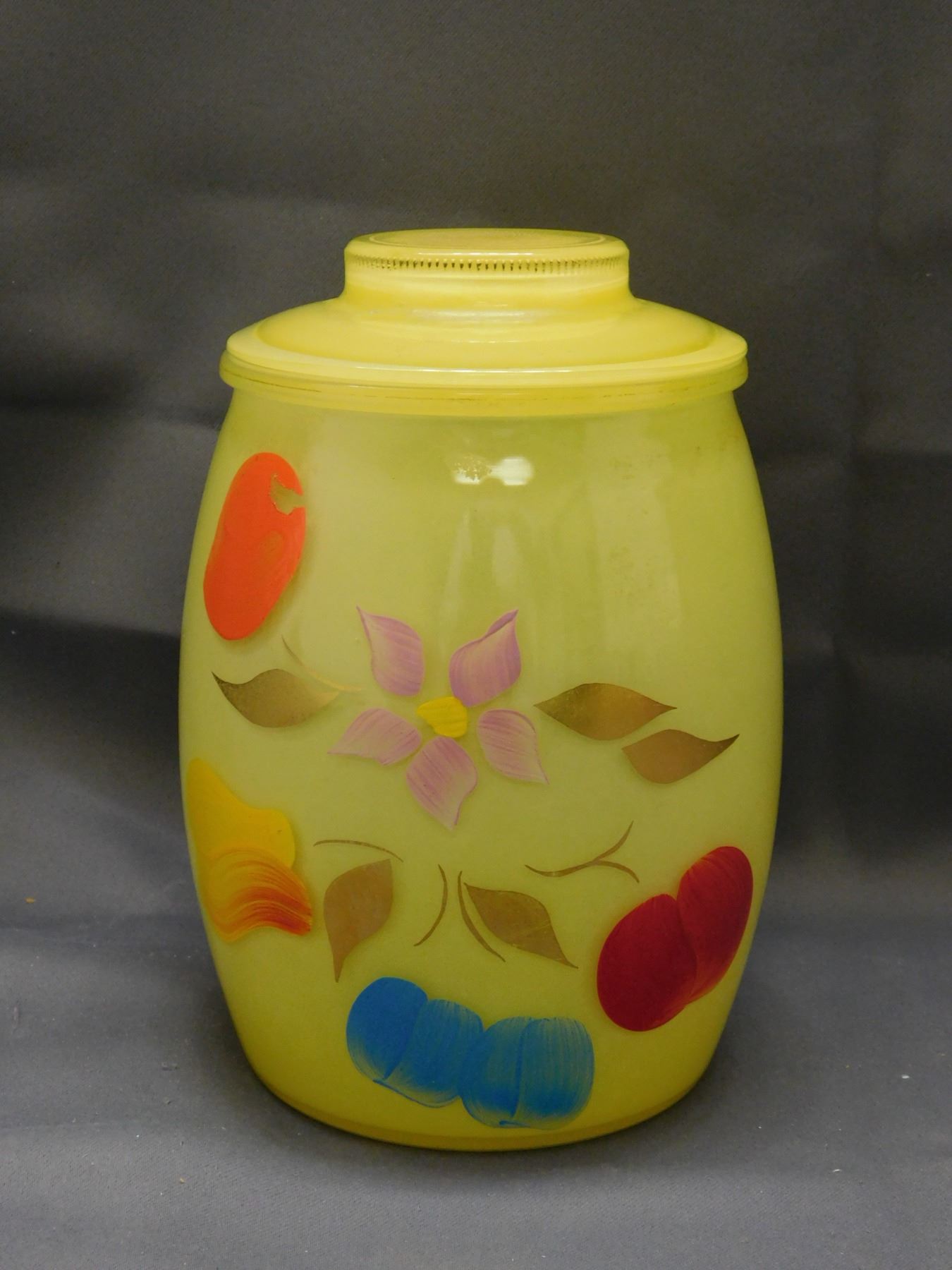 Vintage circa 1950s MCM Era Bartlett Collins Yellow Glass Jar Hand Painted