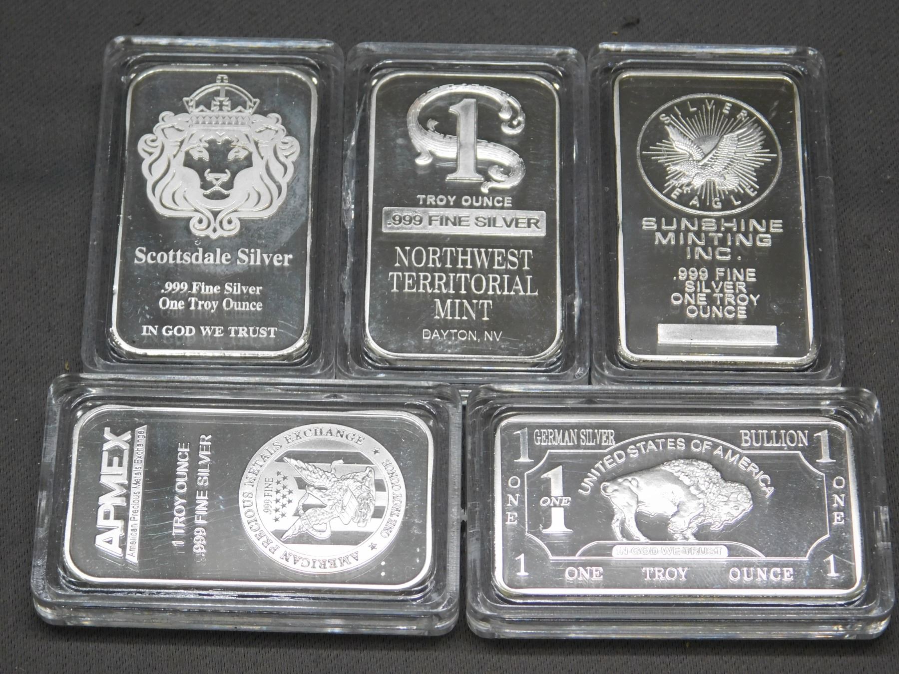 5 Replica Silver Plated 1 oz Bars Capsulated