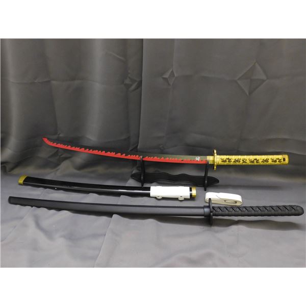 Lot of 2 Samurai Sword Props 1 Wooden and 1 Rubber with Stand and Strap ...