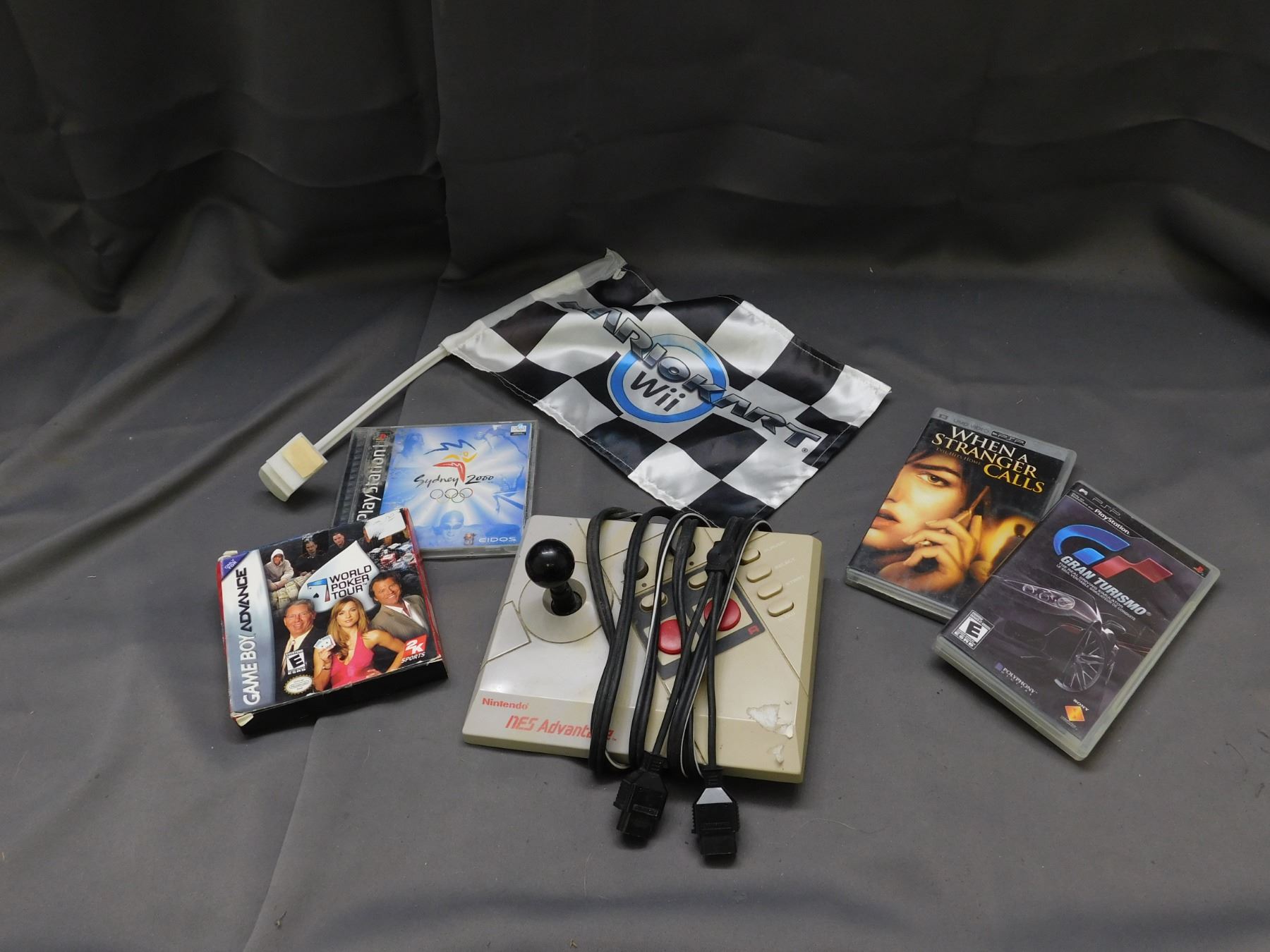 6pcs Gaming Lot NES Advantage, Mario Kart Wii flag, PSP Games, GBA ...