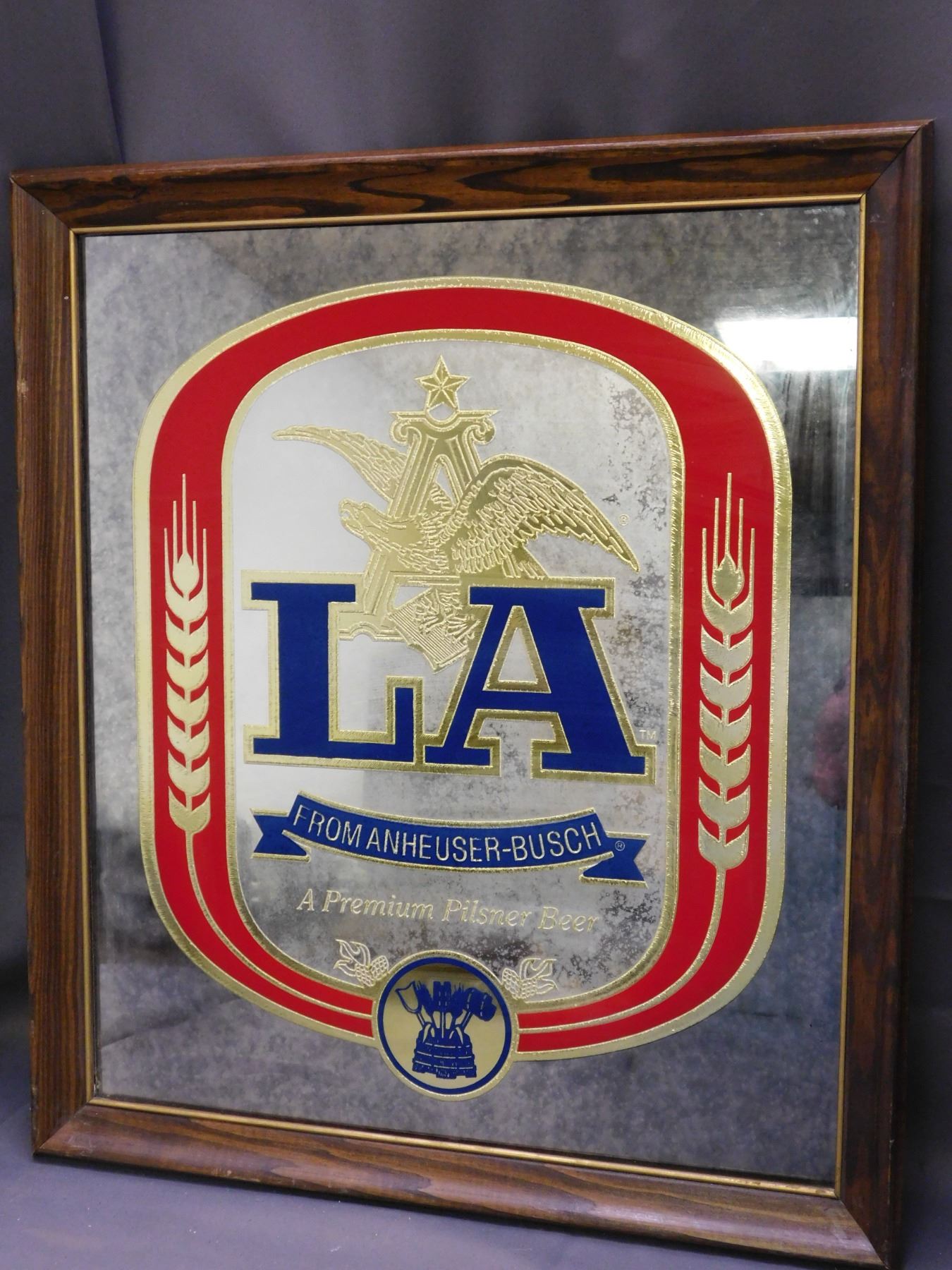 Bar Mirror LA From Anheuser-Busch Beer Wall Sign Embossed Gold Trim 1987