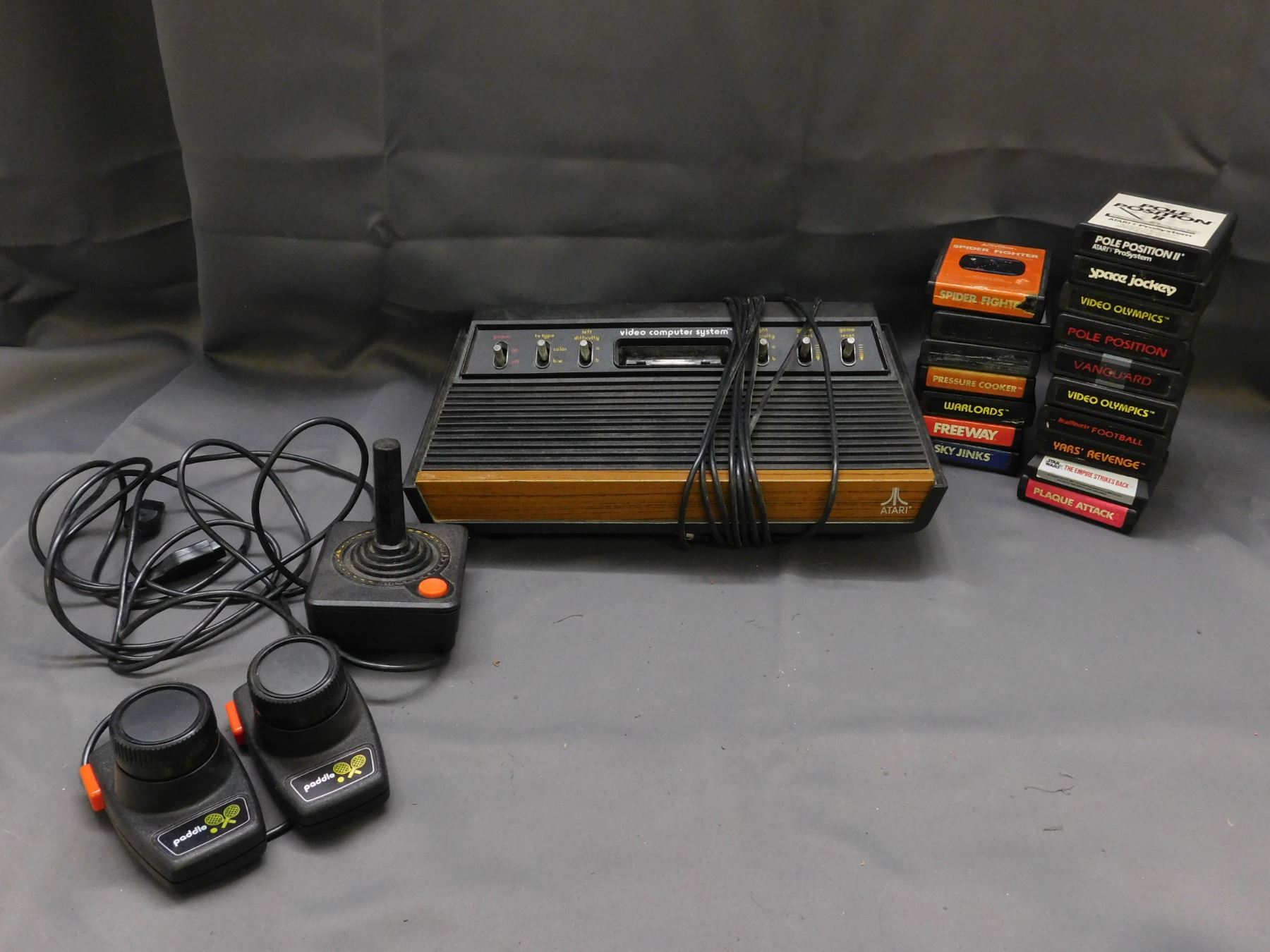 Vintage Atari 2600 Wood Panel 6-Switch Console with 3 Controllers, 17 Games