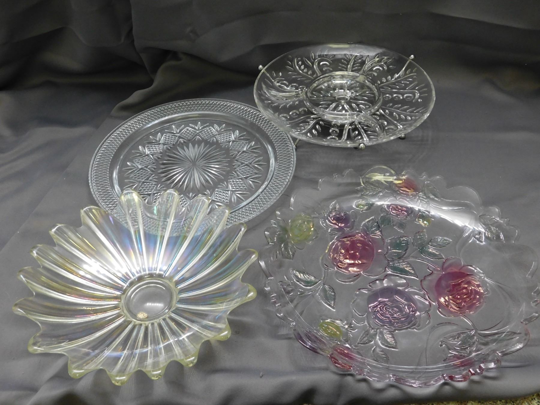 lot of 4 Large Glass Serving Trays, 1 With Spinning Stand, 1 Clear ...