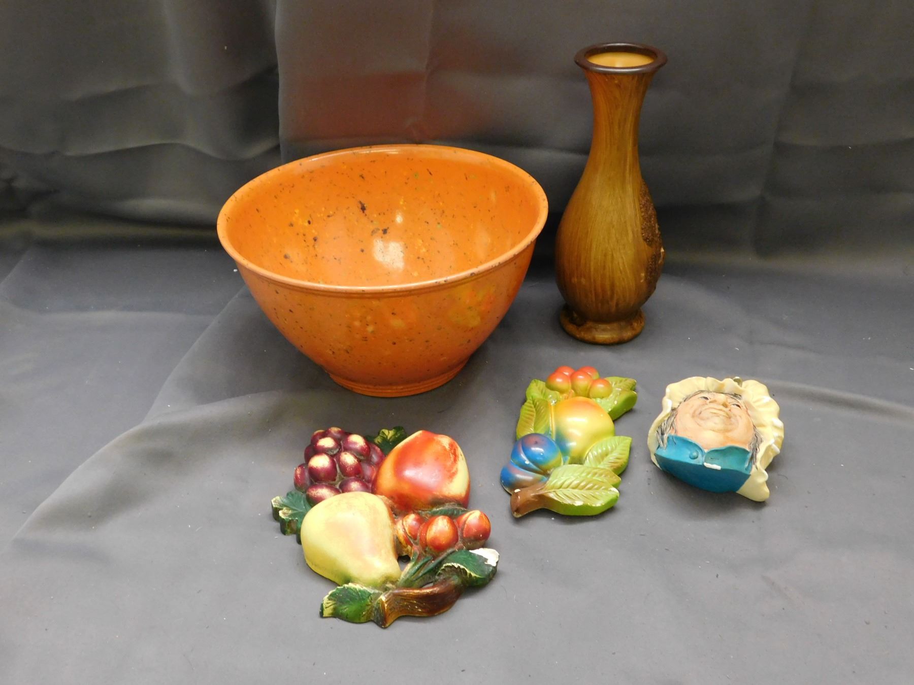 Rachaelray Melamine Orange Bowl, Wooden Vase, Wall Chalkware Fruit ...