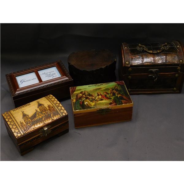 Lot of 5 Trinket Boxes, Wooden Stash Box
