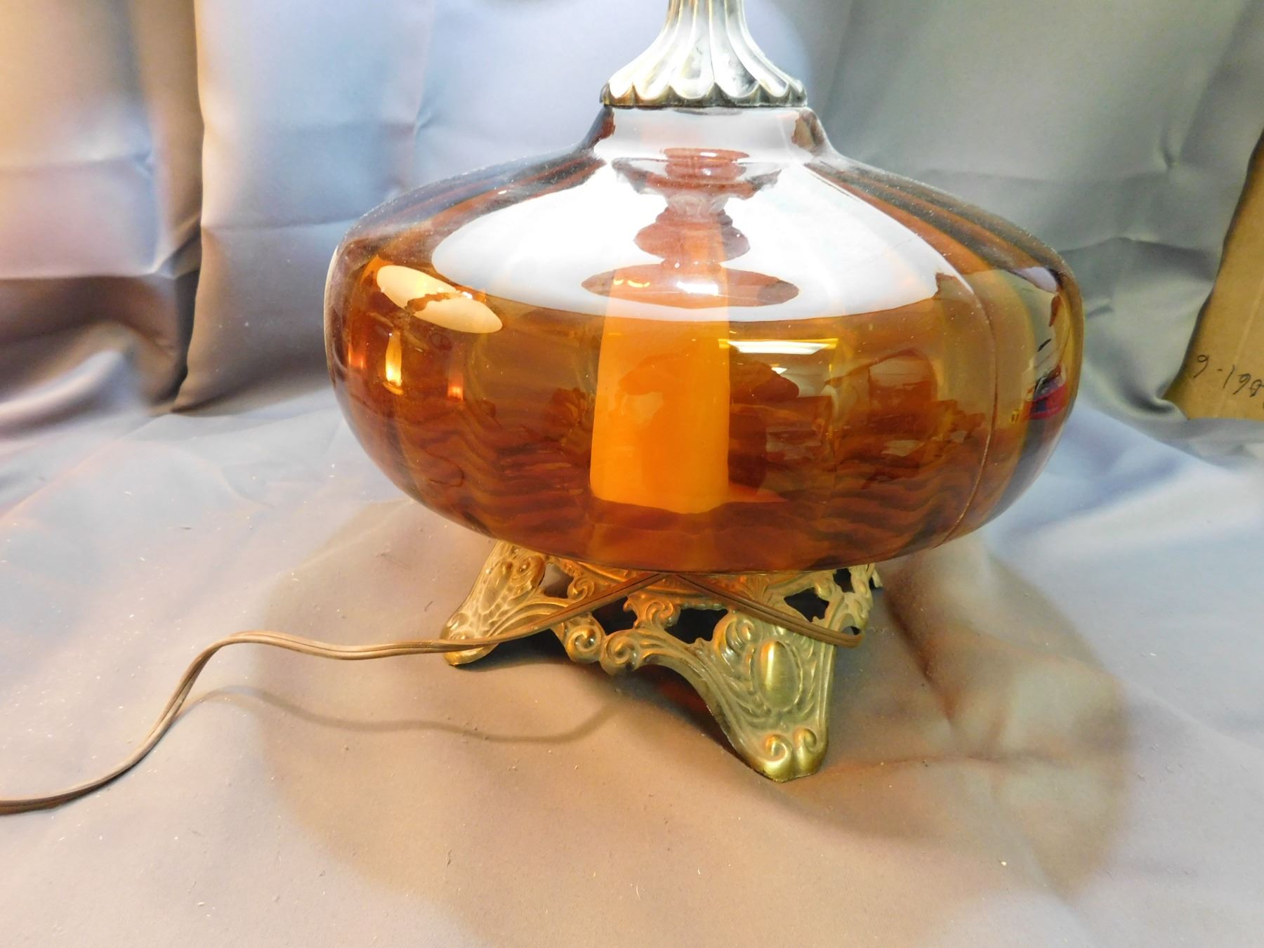 Pair of Amber Glass MCM Lamps with Fabric Shades